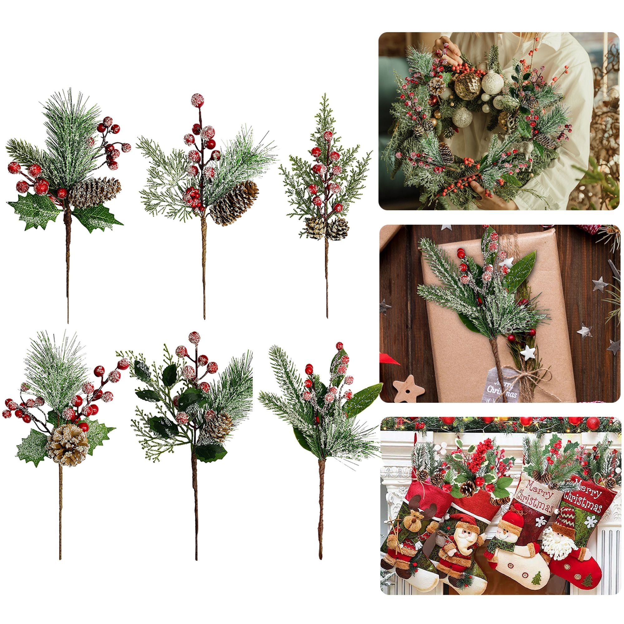 Gustave 6PCS Artificial Christmas Picks and Sprays Pine Needle Branches ...