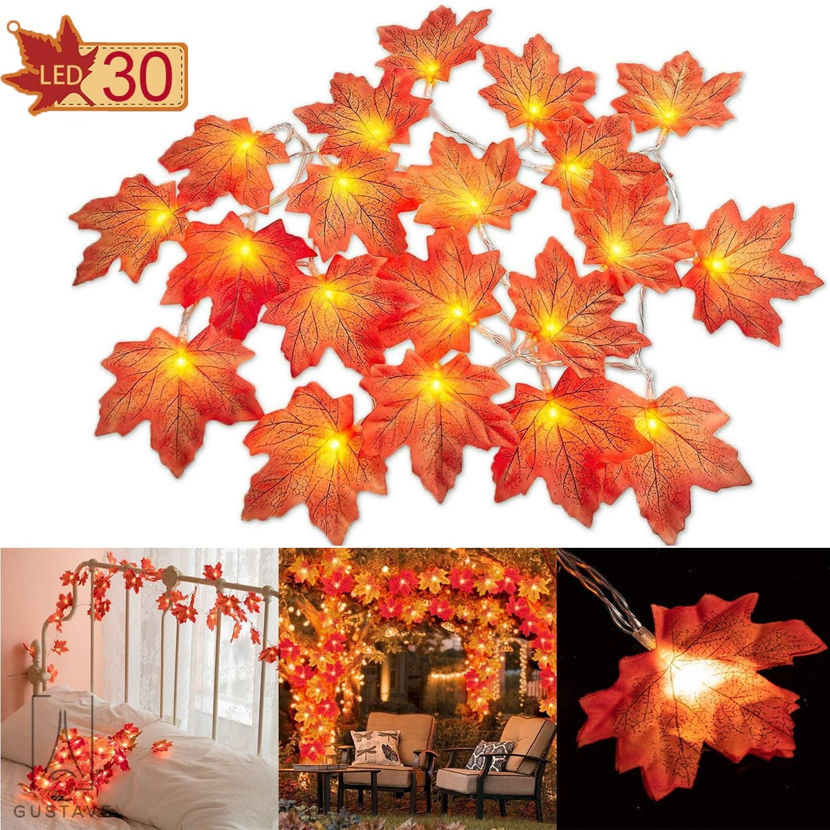 Gustave 9.8ft 30 LED Maple Leaves String Lights Hanging Fall Garland ...