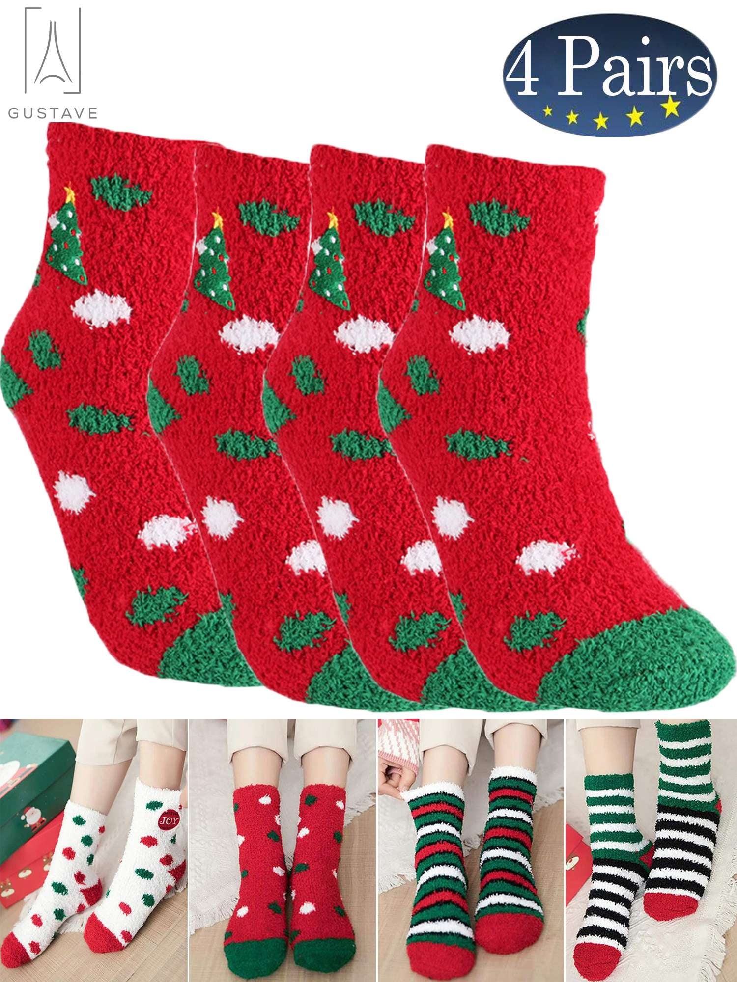 Gustave Christmas Fuzzy Socks, 4 Pairs Cute Coral Fleece Winter Warm ...