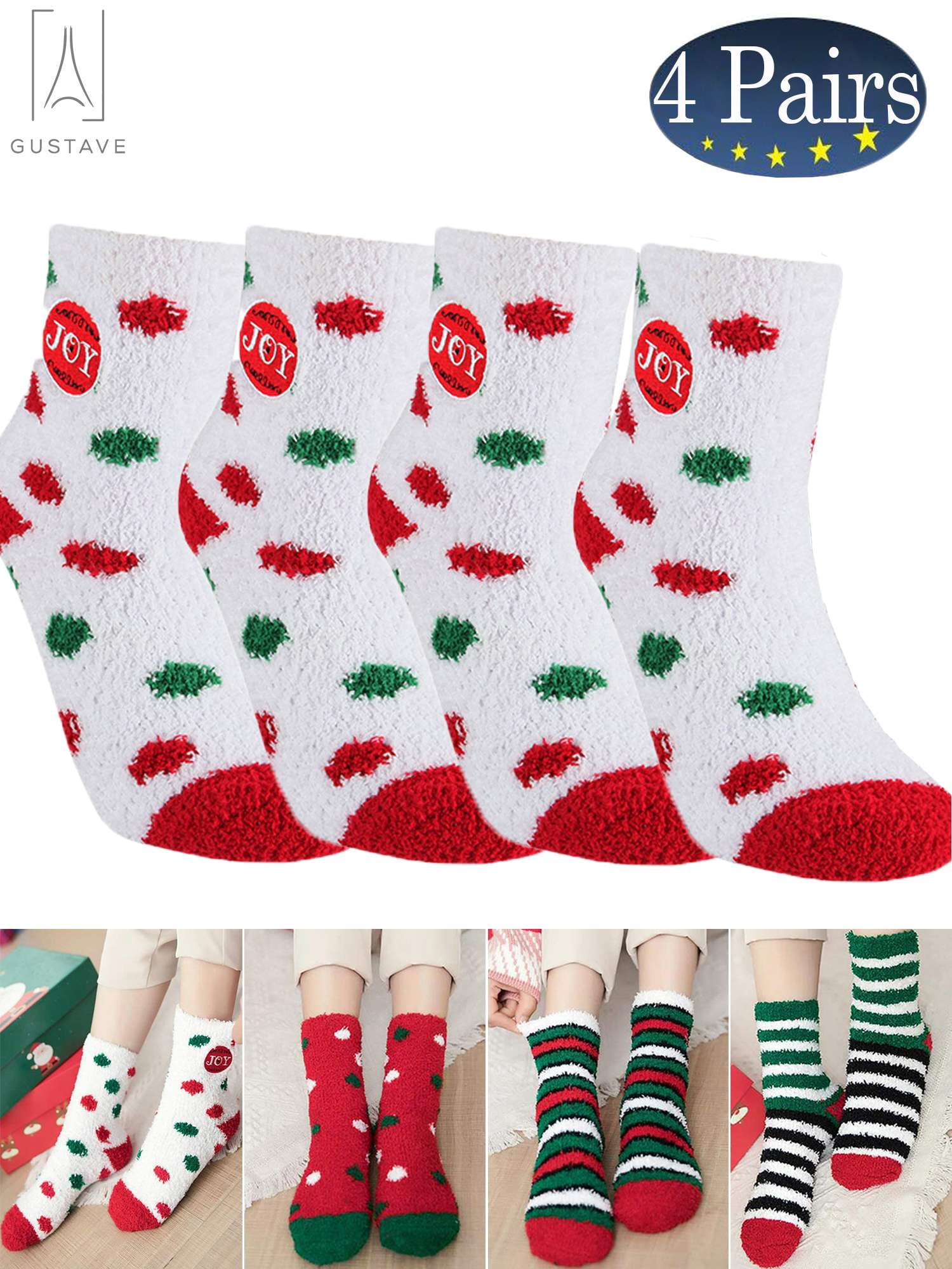 Gustave Christmas Fuzzy Socks, 4 Pairs Cute Coral Fleece Winter Warm ...