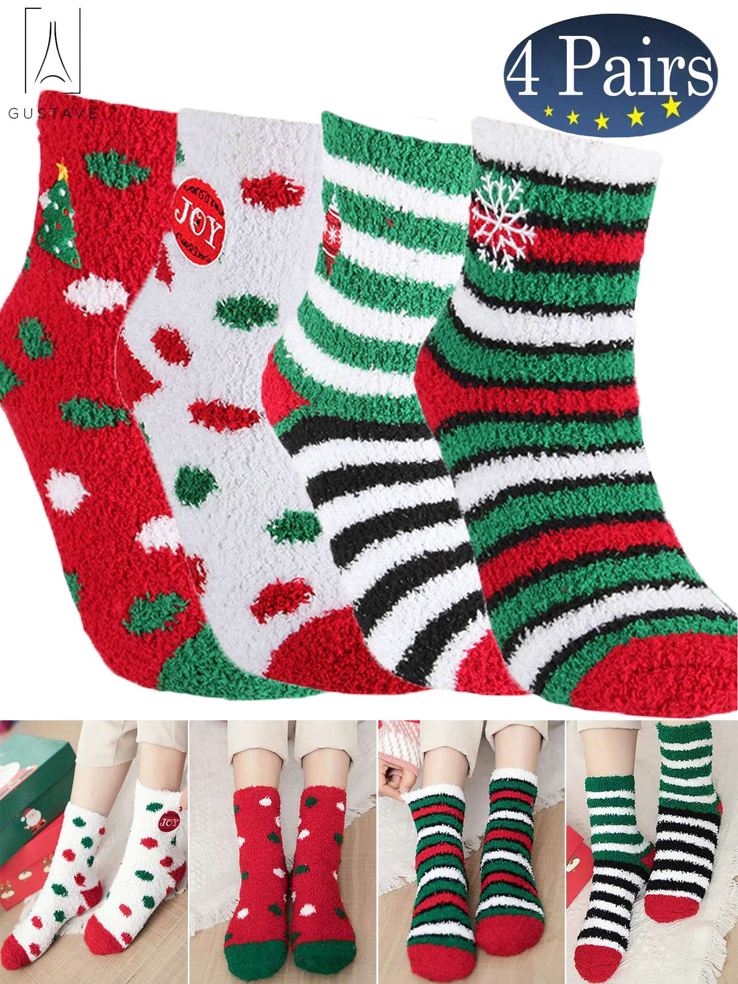 Gustave Christmas Fuzzy Socks, 4 Pairs Cute Coral Fleece Winter Warm ...