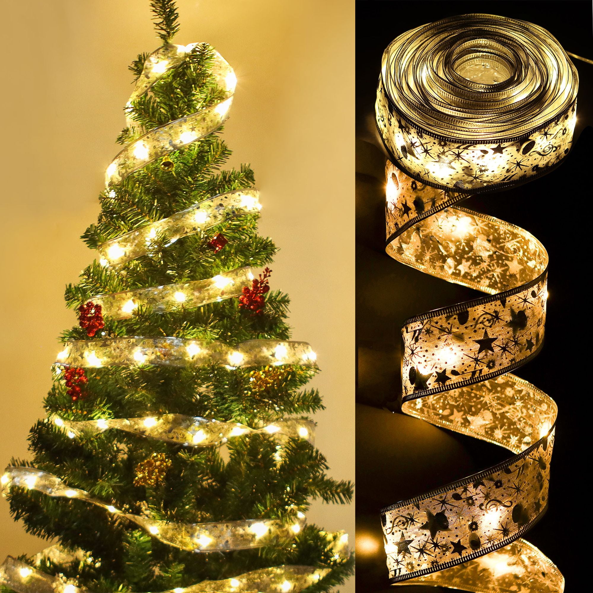 Gustave Christmas Tree Ribbon String Lights 32.8ft 100 LED Ribbon Bows ...