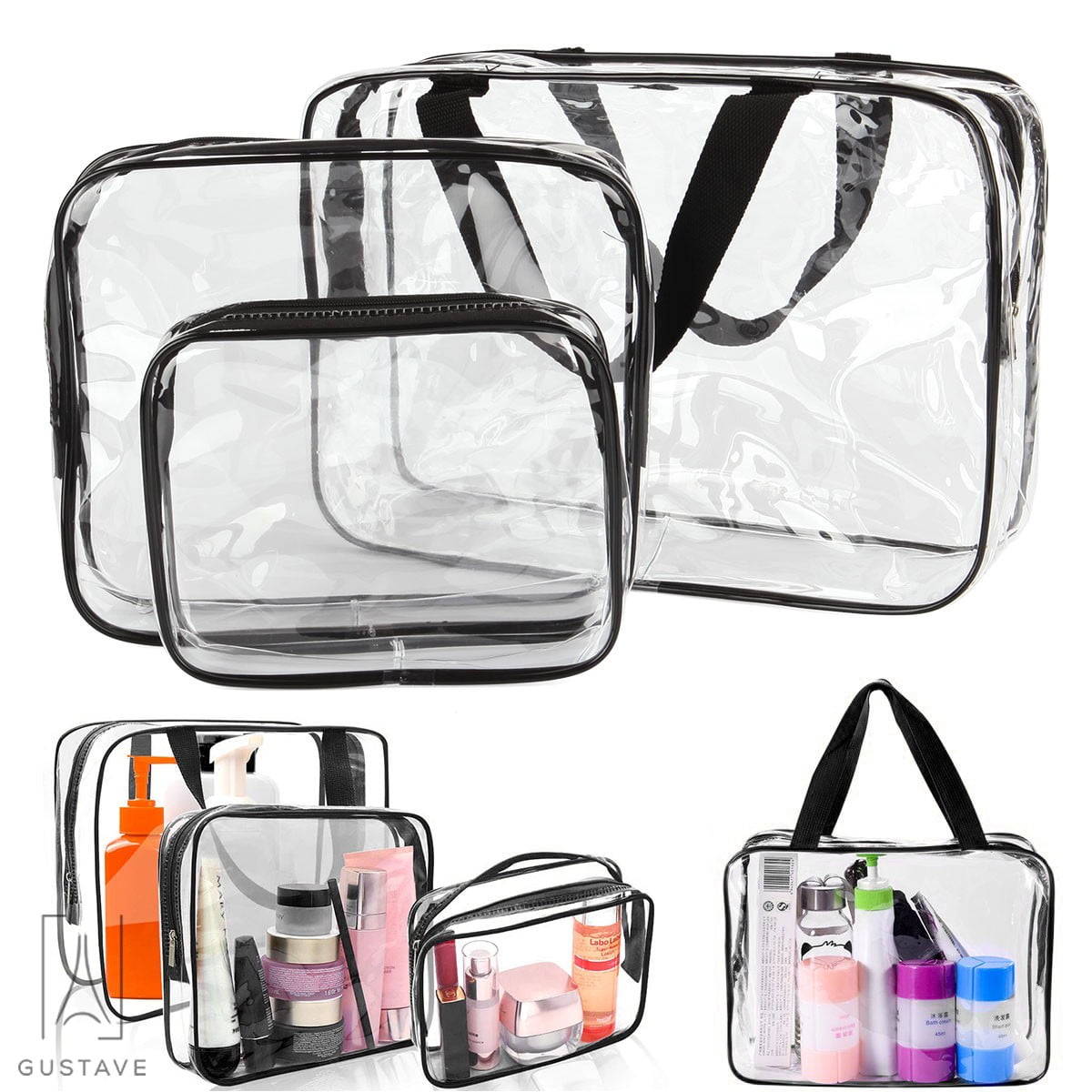 Gustave Design 3 IN 1 Clear Makeup Bags, Waterproof Travel Cosmetic Bag ...