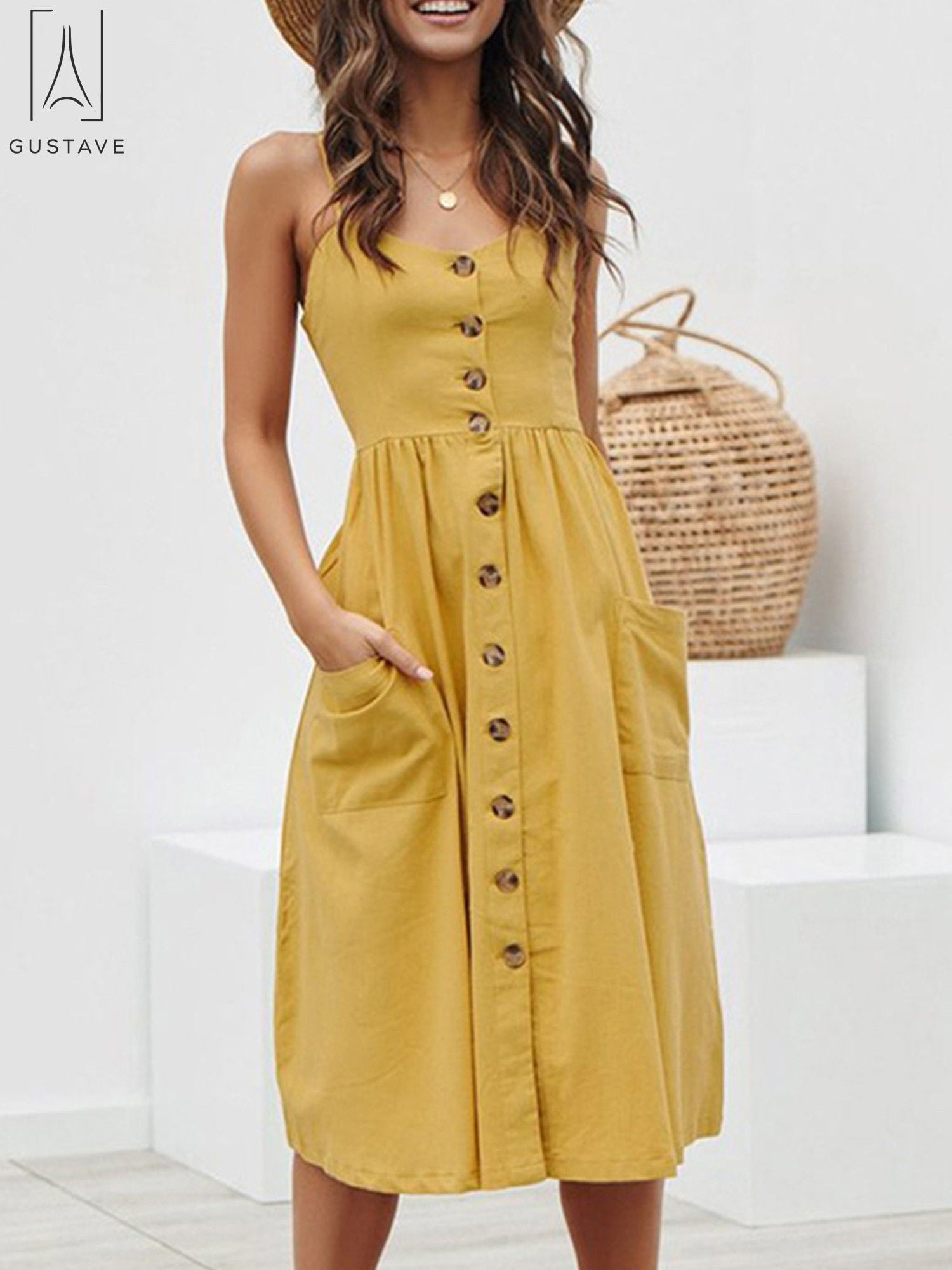 Gustave Design Women Summer Midi Dresses Sleeveless Button Down V-Neck ...