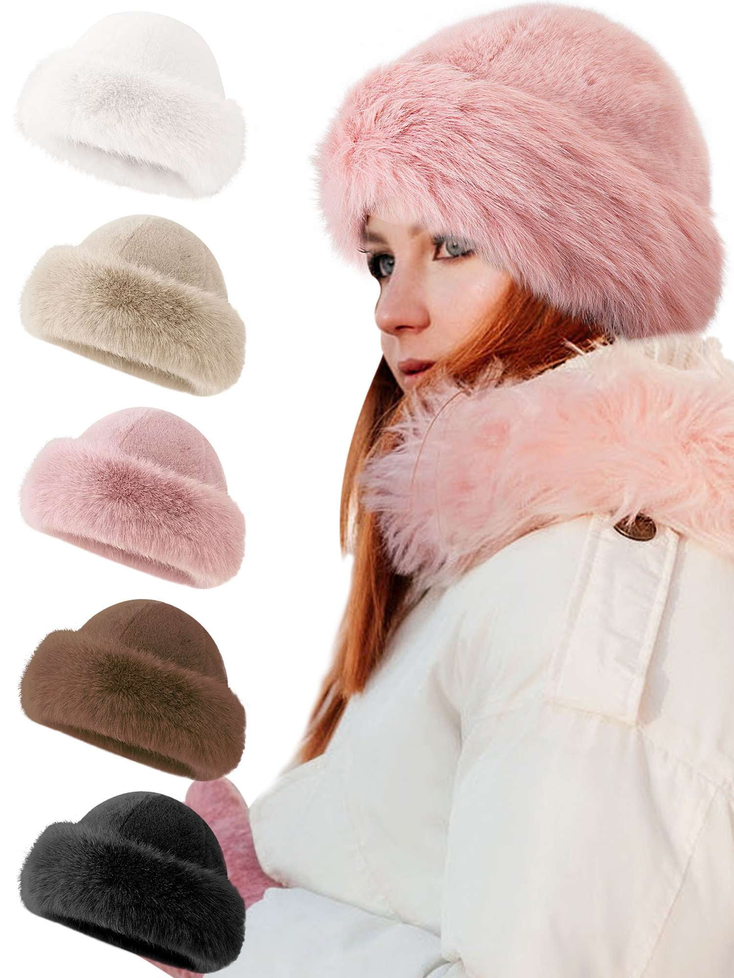 Gustave Faux Fur Russian Hat Furry Beanie Winter Warm Fluffy Bucket Hat Fisherman Cap for Women ...
