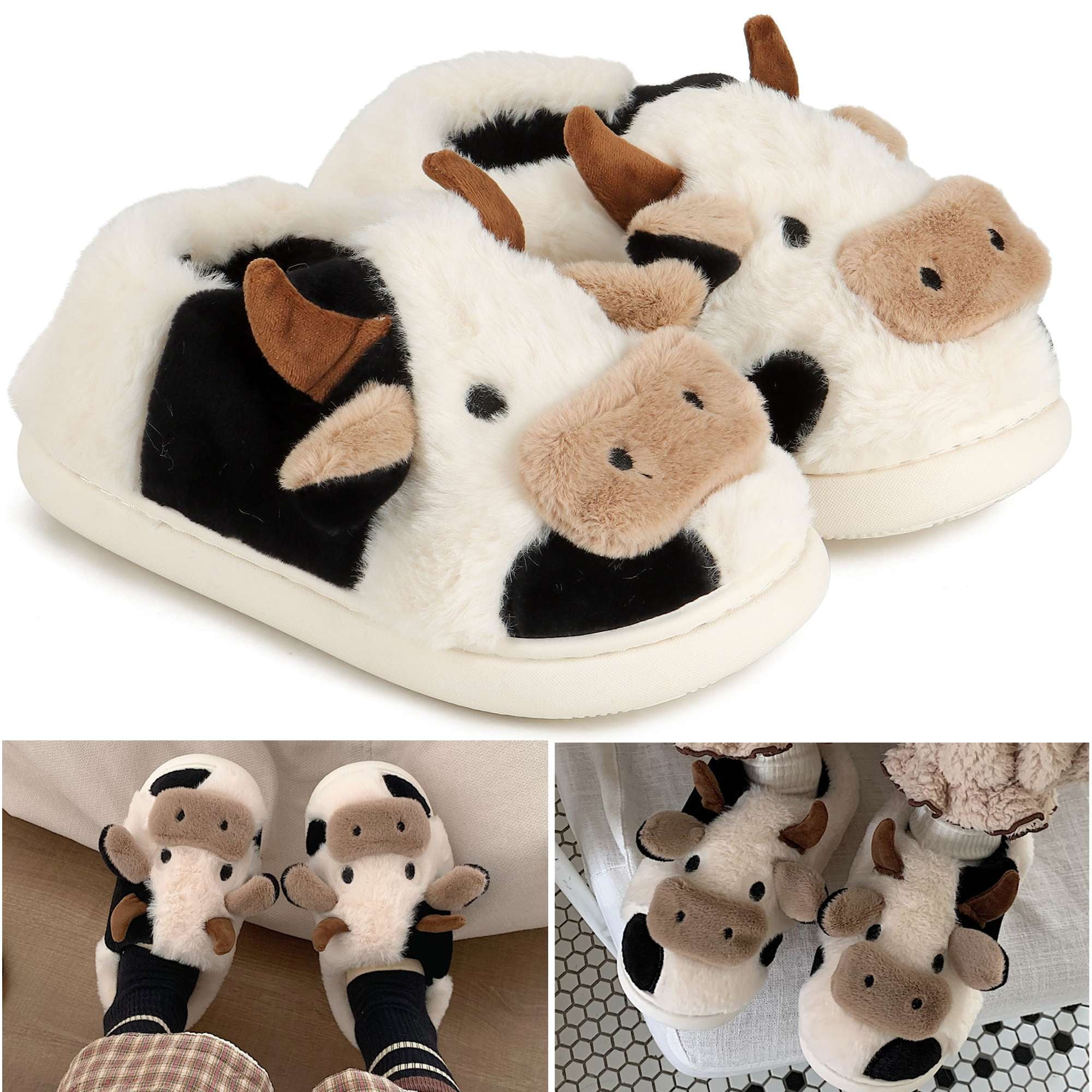 Gustave Fuzzy Cow Slippers for Women Men Plush House Slipper Slides Non-Slip Winter Warm Cozy ...