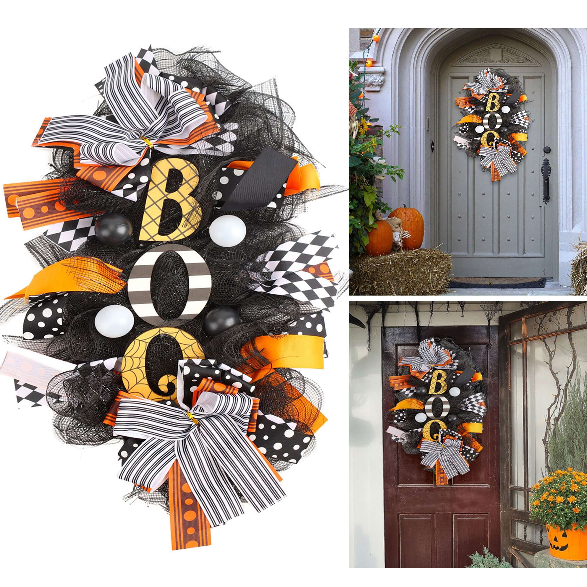 Gustave Halloween BOO Wreath Front Door Fall Swag Wreaths Mesh Ribbons ...