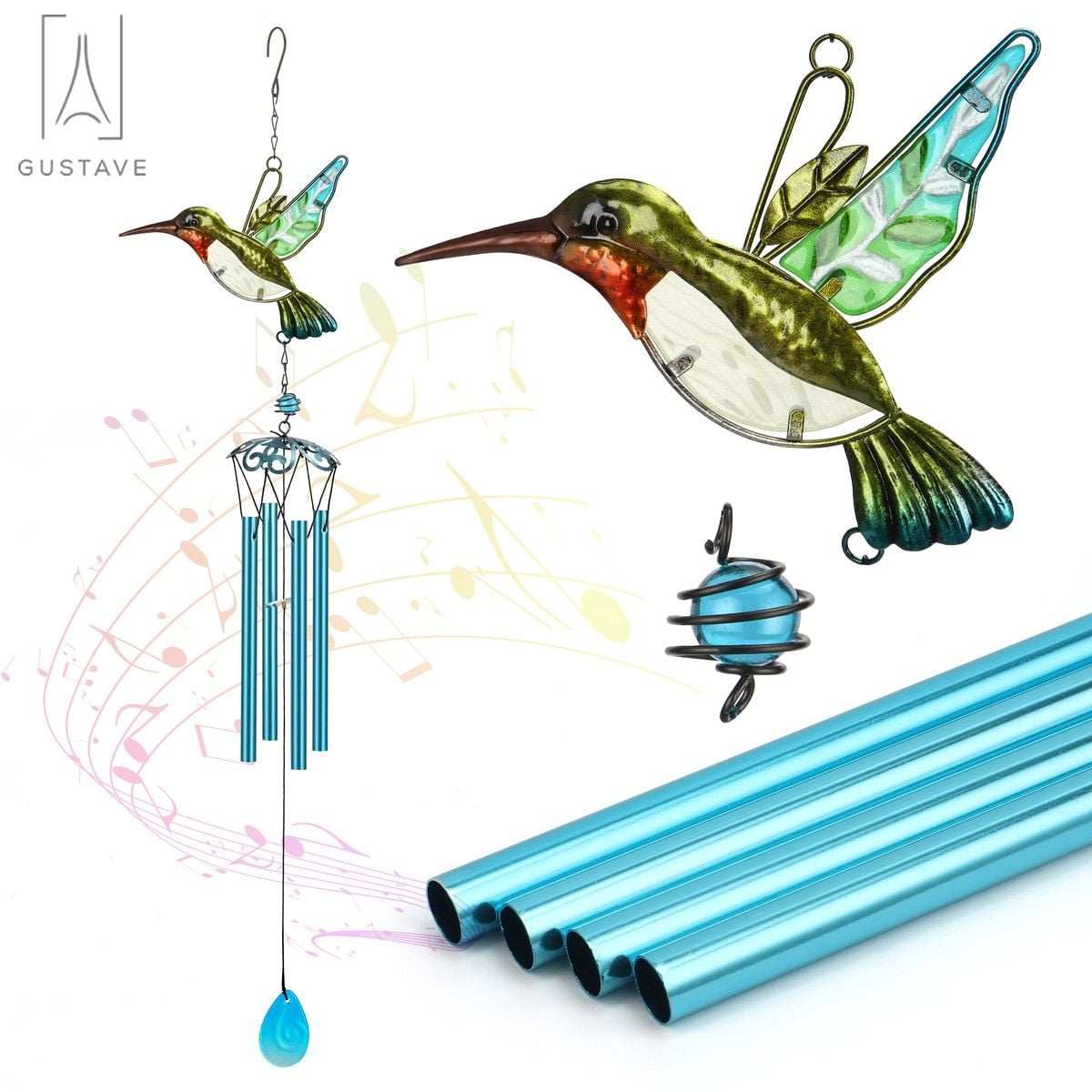 Gustave Hummingbird Wind Chimes Indoor Outdoor 30" Metal Glass Music ...