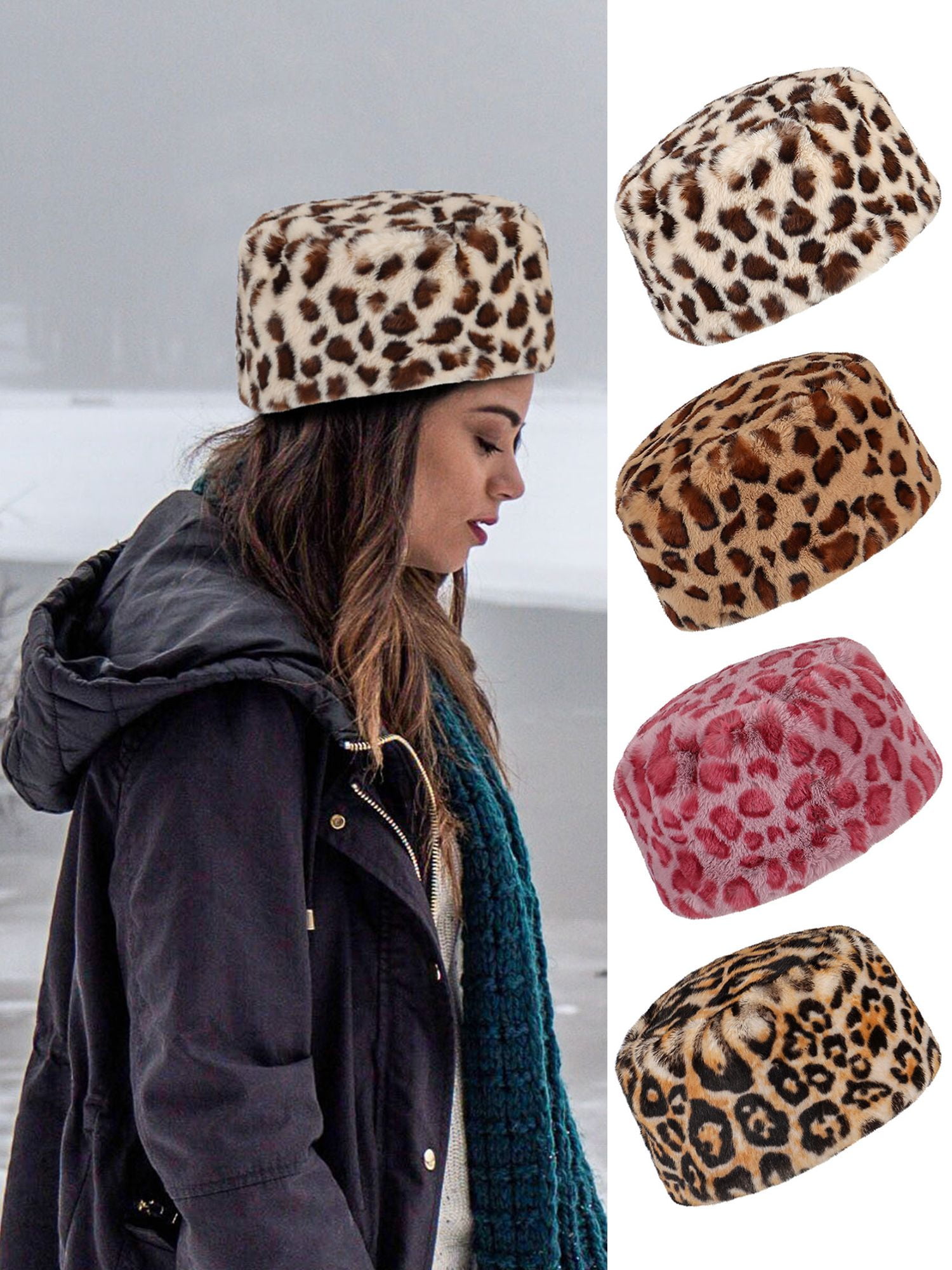 Gustave Leopard Print Faux Fur Hats for Women Cossack Russian Style ...