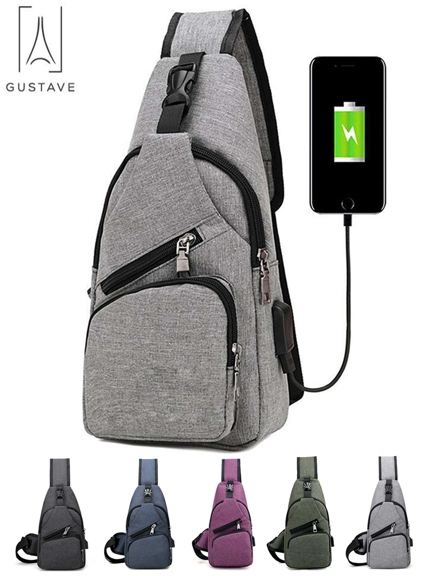 Gustave Men's Single Strap Sling Bag, Gray, USB Charging, Crossbody ...