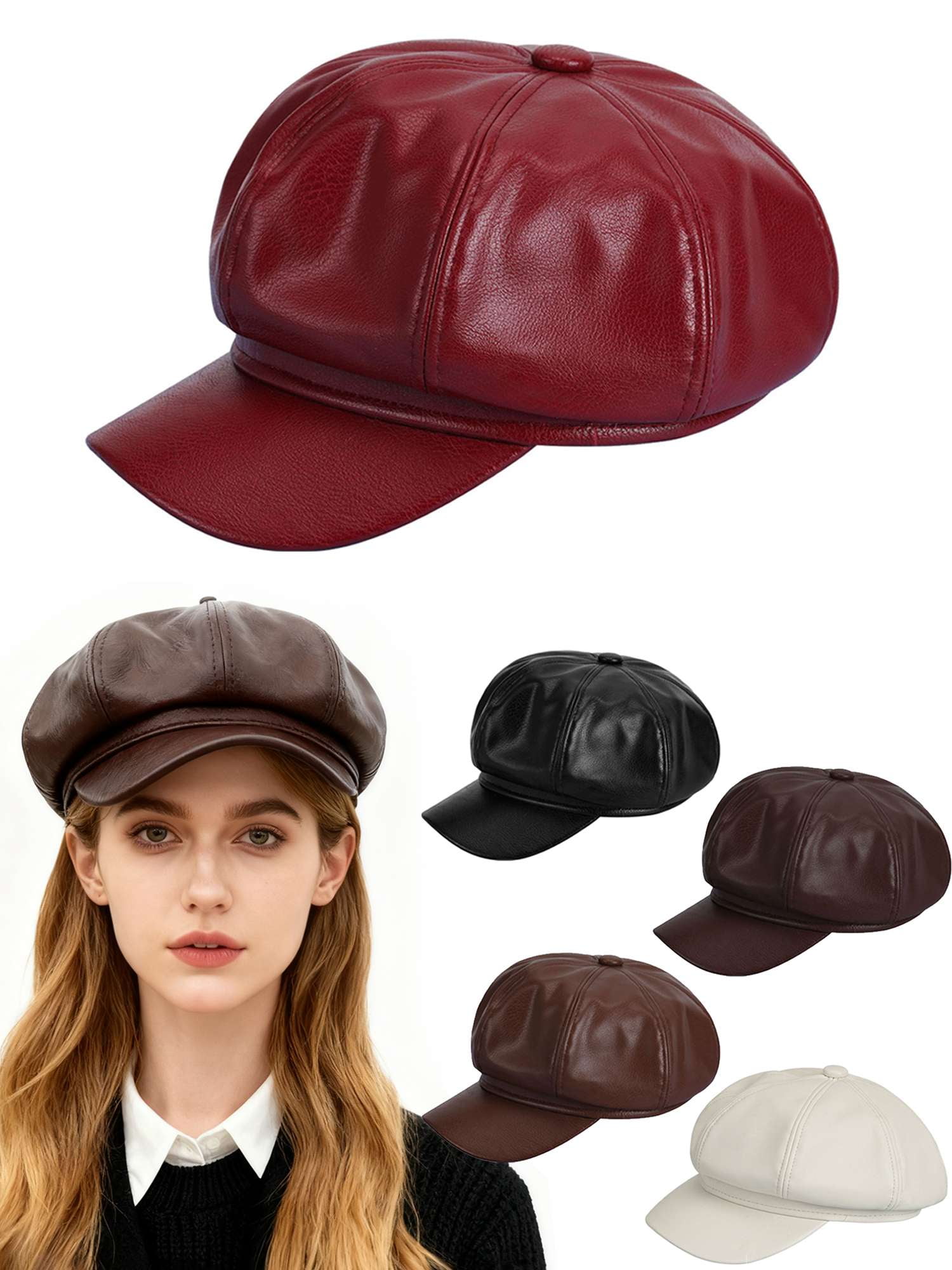 Gustave Newsboy Hats for Women PU Lether Beret Hat Vintage Visor Gatsby ...