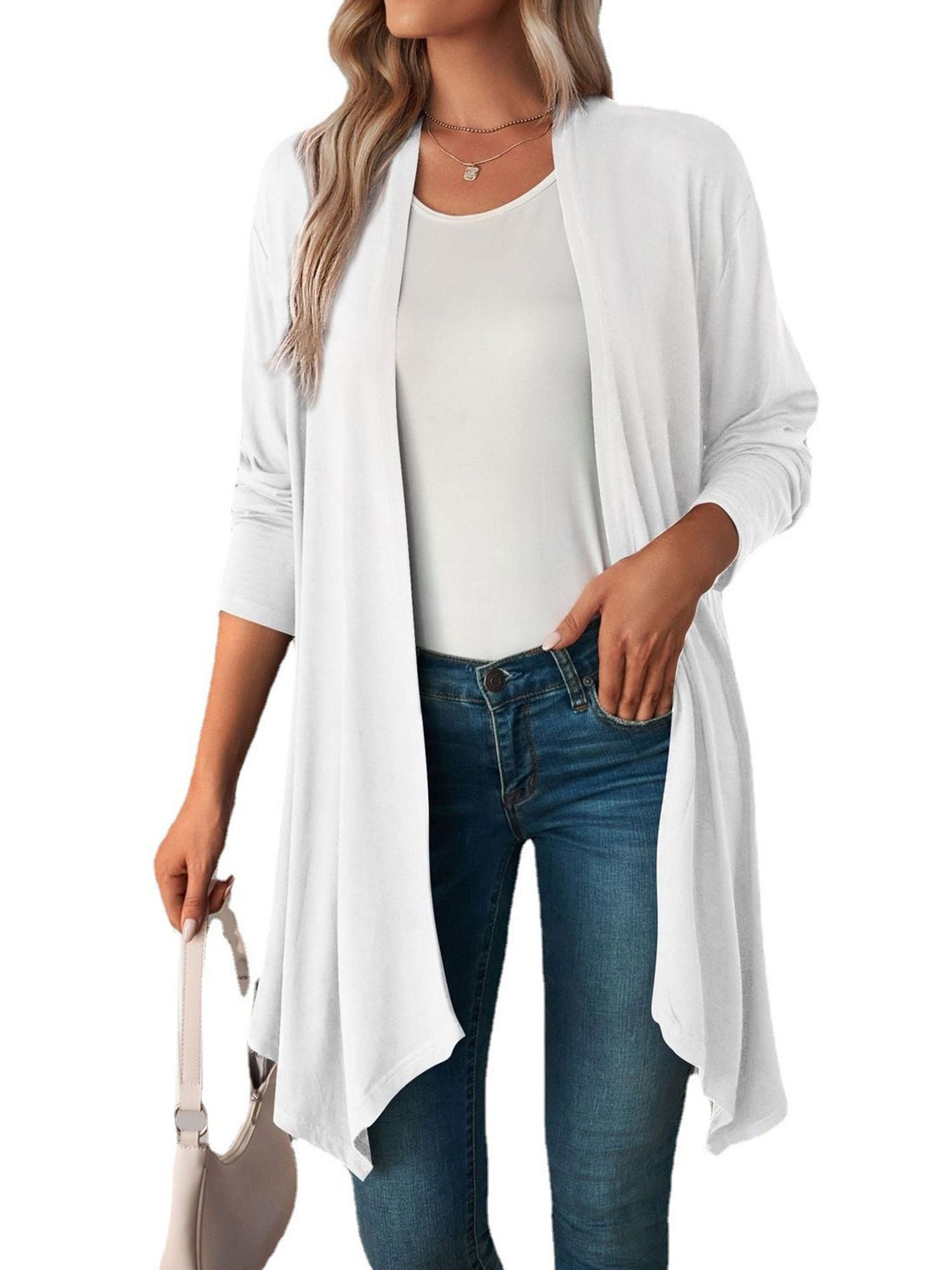 Gustave Lightweight Open Front Draped Cardigan, Long Sleeve, White, XL ...