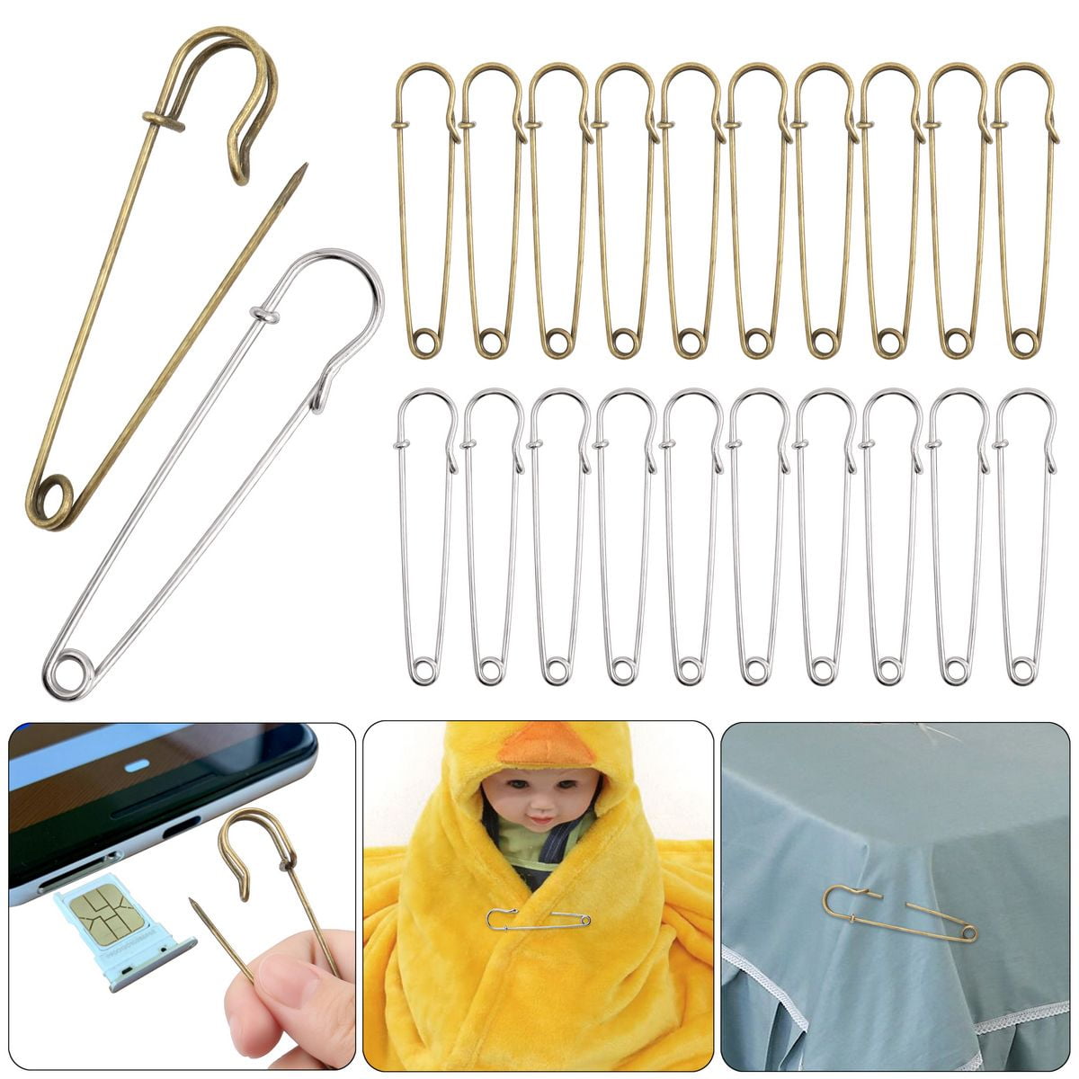Gustave Pack of 20 Large Safety Pins, 2.8" Heavy Duty Blanket Pins ...
