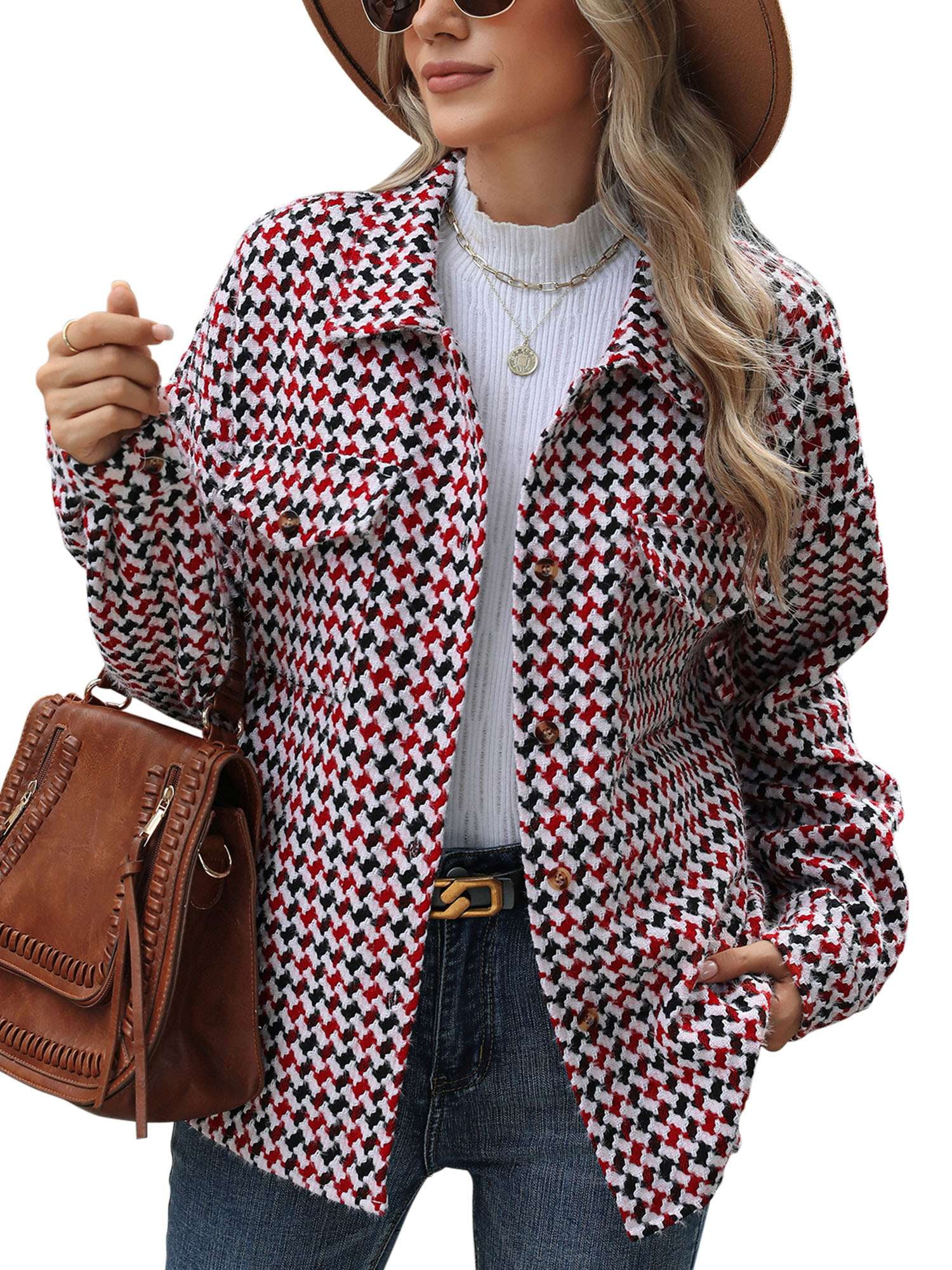 Gustave Plaid Shacket Jackets for Women Fashion Flannel Houndstooth Jacket Casual Long Sleeve ...