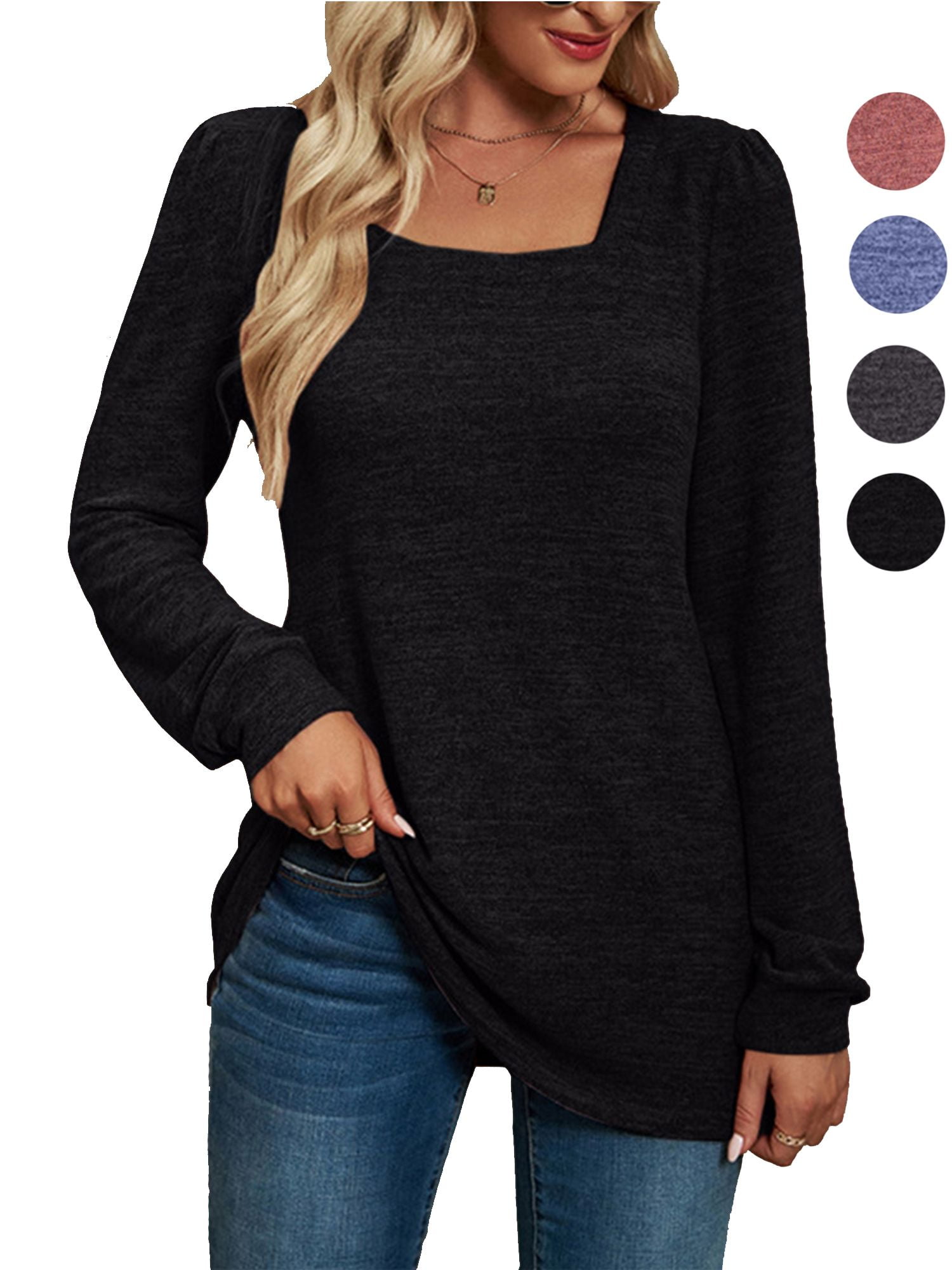 Gustave Puff Long Sleeve Shirts for Women Fall Square Neck Tops Blouse ...