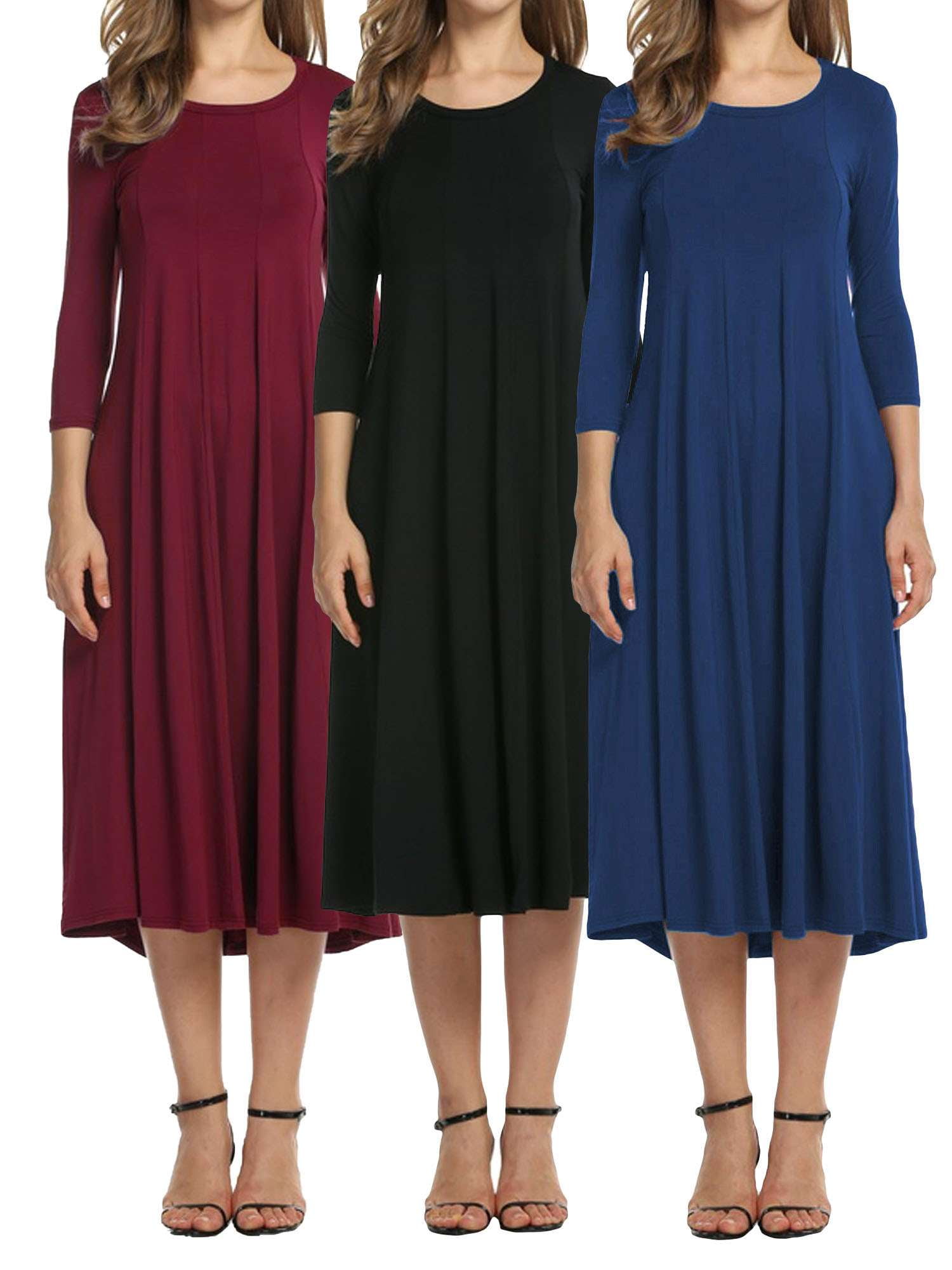 Gustave Round Neck 3/4 Sleeve Dress for Women Casual T-Shirt Dresses A-line Swing Midi Dress ...