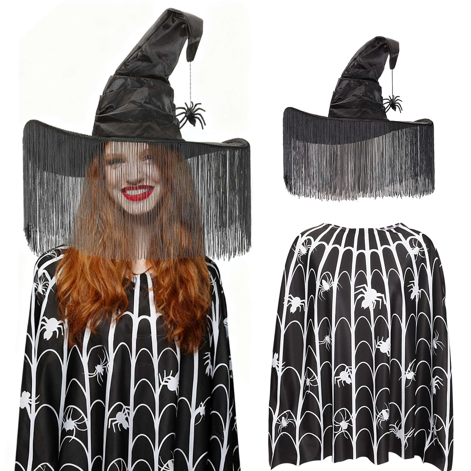 Gustave Spider Web Poncho & Black Witch Hat Halloween Costumes ...