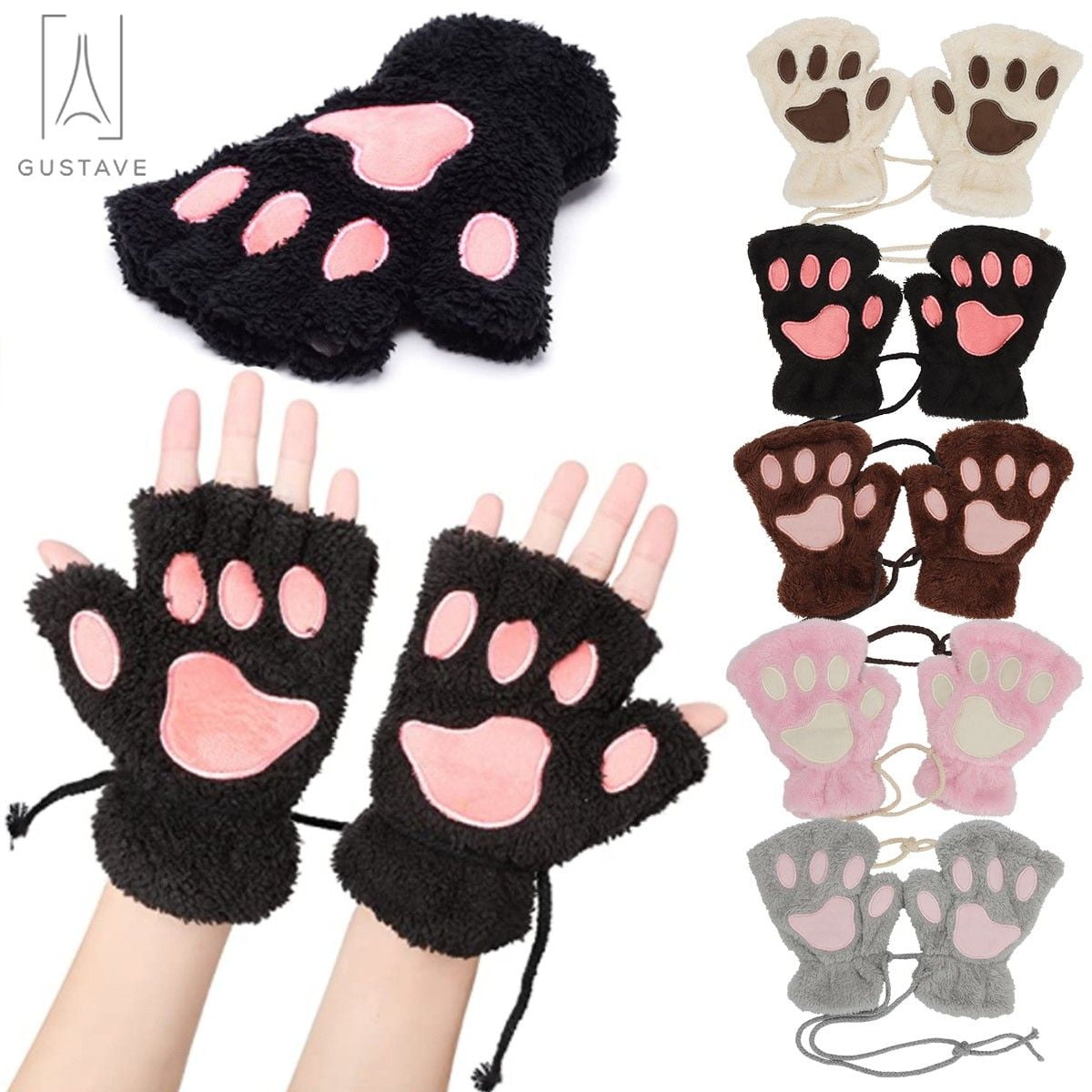 Gustave Winter Women Claw Paw Plush Mittens Short Fingerless Gloves ...