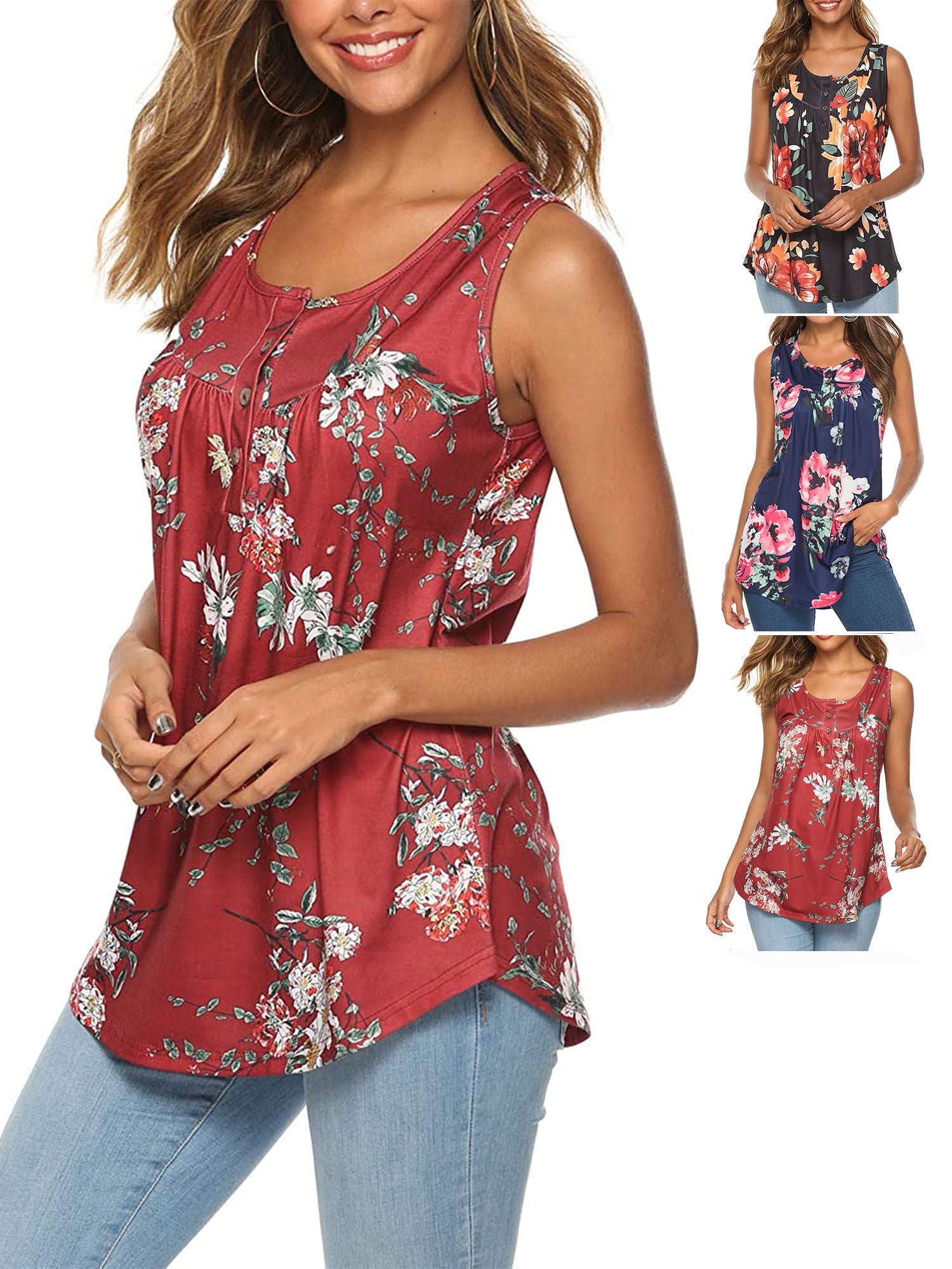 Gustave Button Up Sleeveless Shirts for Women Floral Print Tank Tops ...