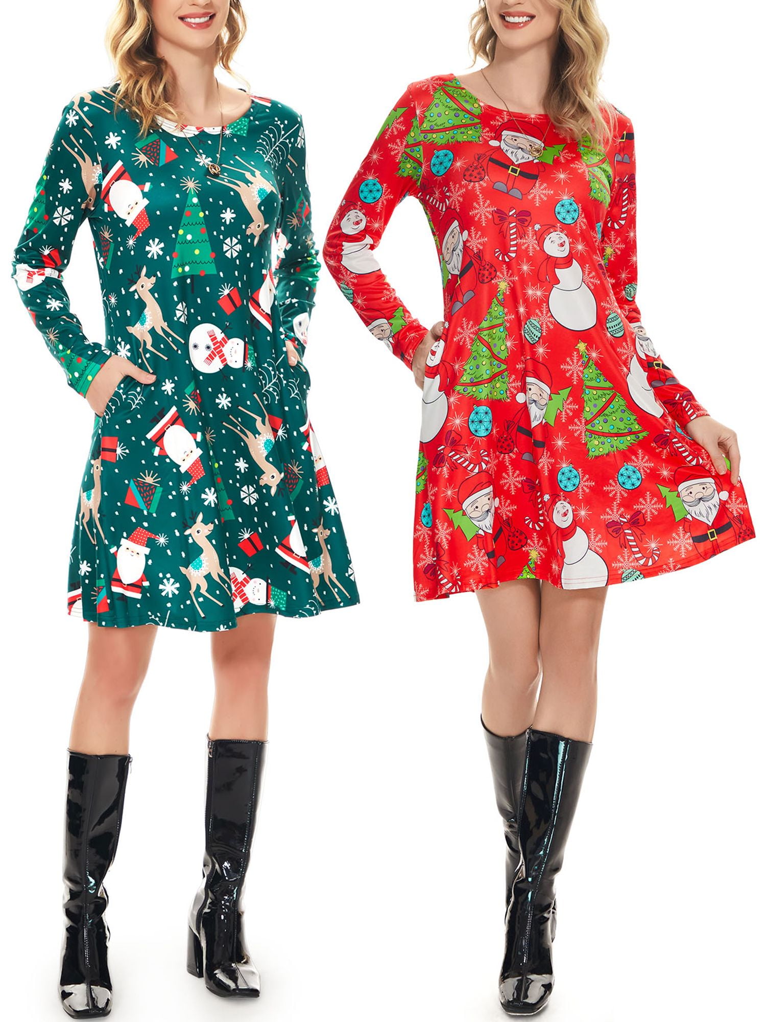 Gustave Women Christmas Tunic Dresses Long Sleeve Xmas Print Midi Dress ...