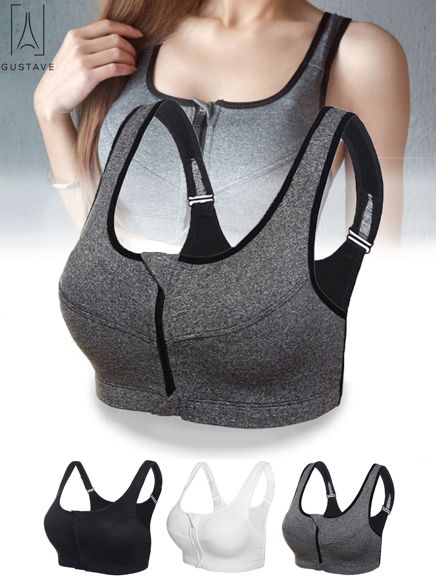 Gustave Women High Impact Front Zip Sports Bra Push Up Padded Workout