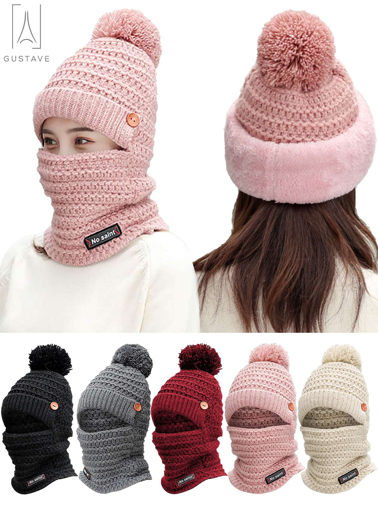 Gustave Women Pom Beanie Hat Scarf One-Piece Winter Fleece Lined Knit Warm Skull Cap Balaclava ...