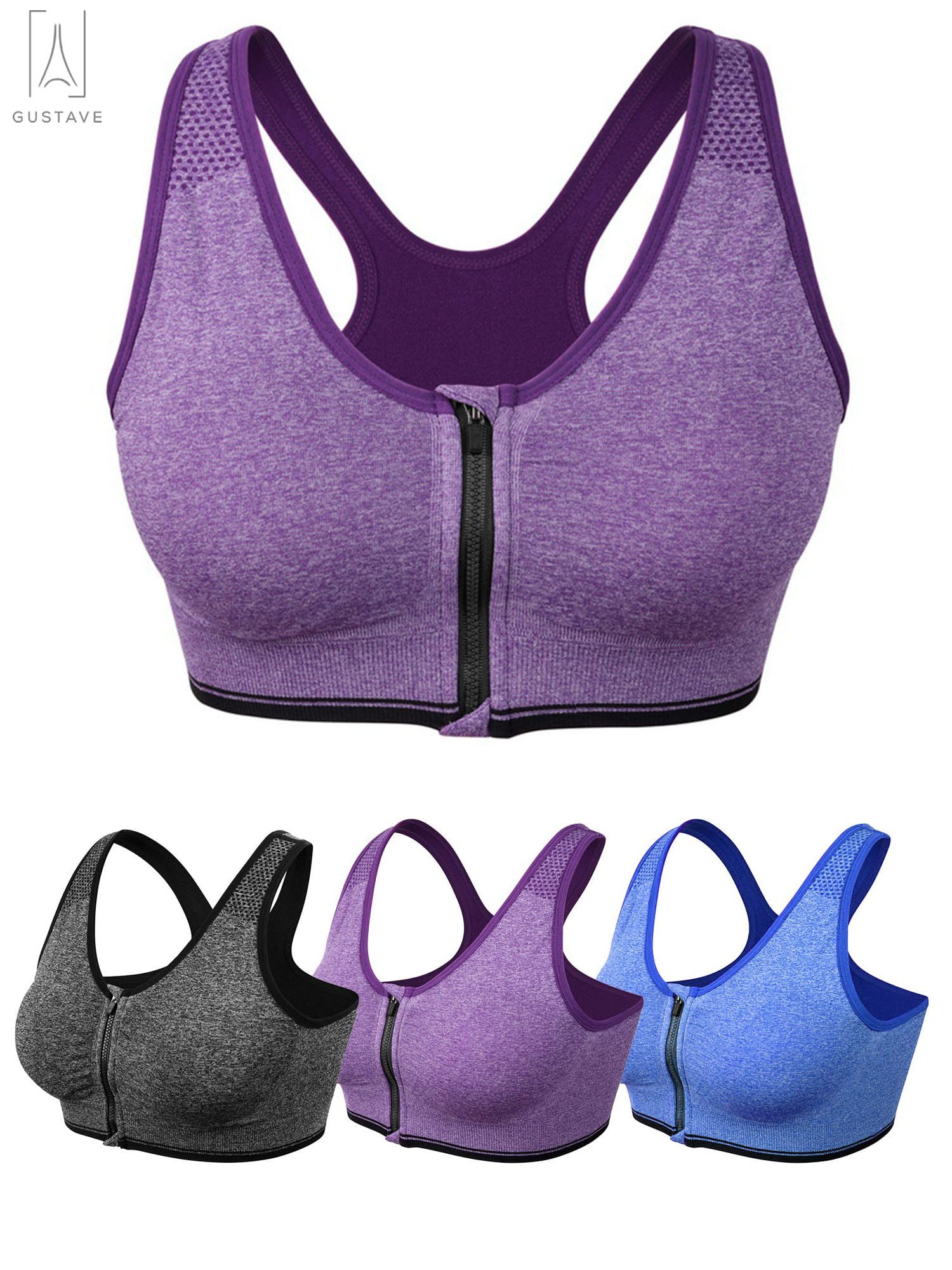 Gustave Women's Zip Front Close Sports Bra Seamless Wirefree Padded ...