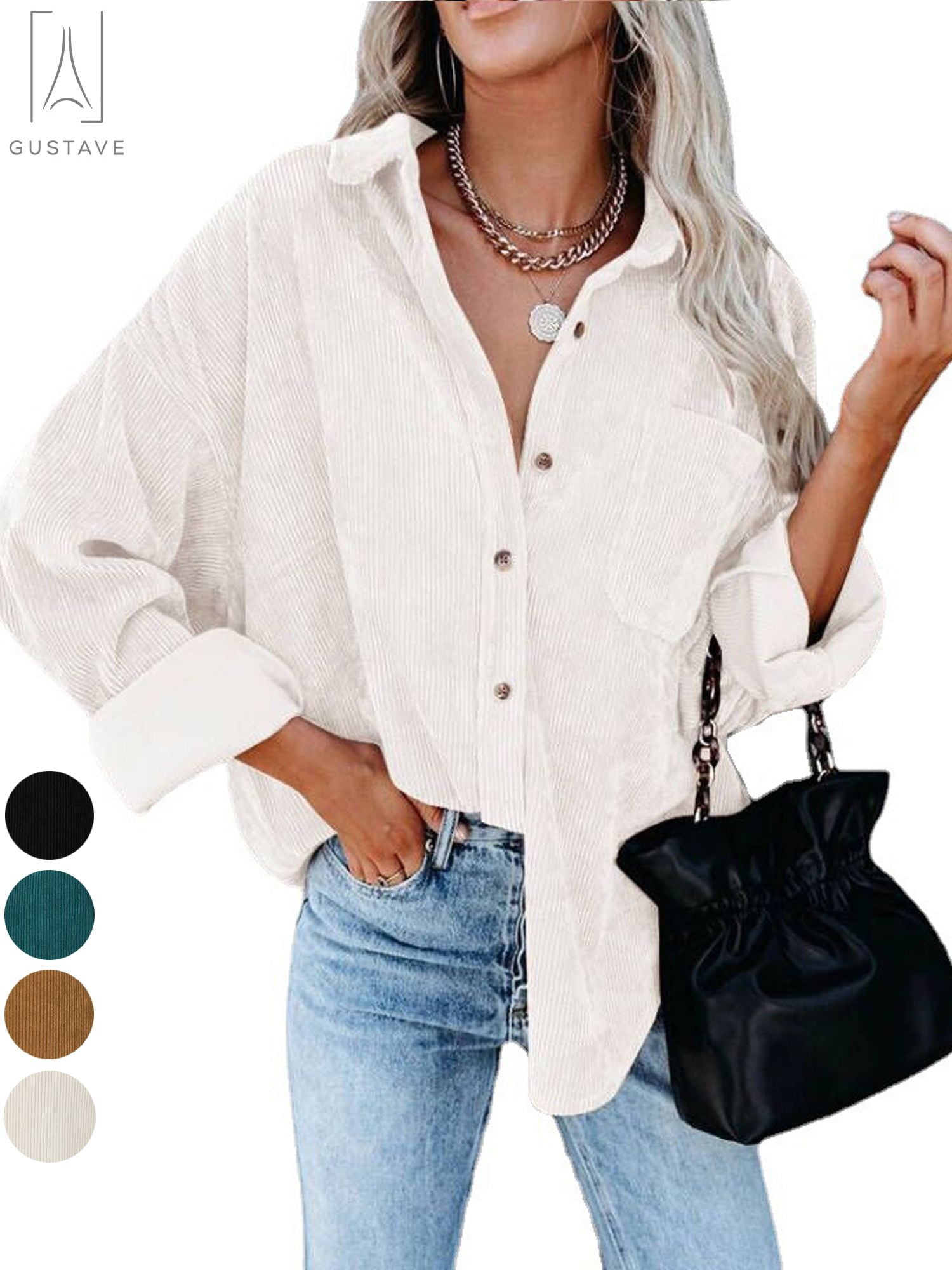 Gustave Womens Corduroy Button Down Boyfriend Shirts Long Sleeve ...