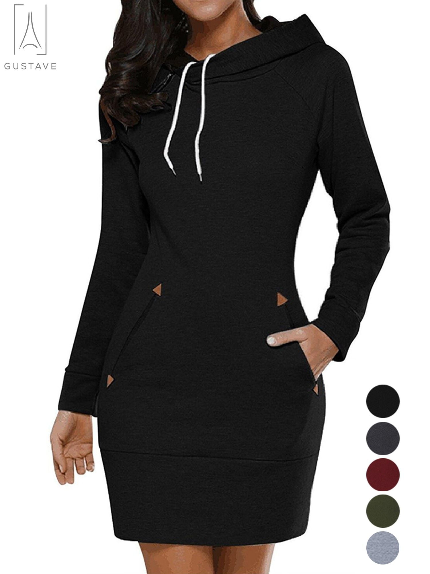 Gustave Womens Drawstring Long Sleeve Slim Midi Hoodie Dress Hooded ...