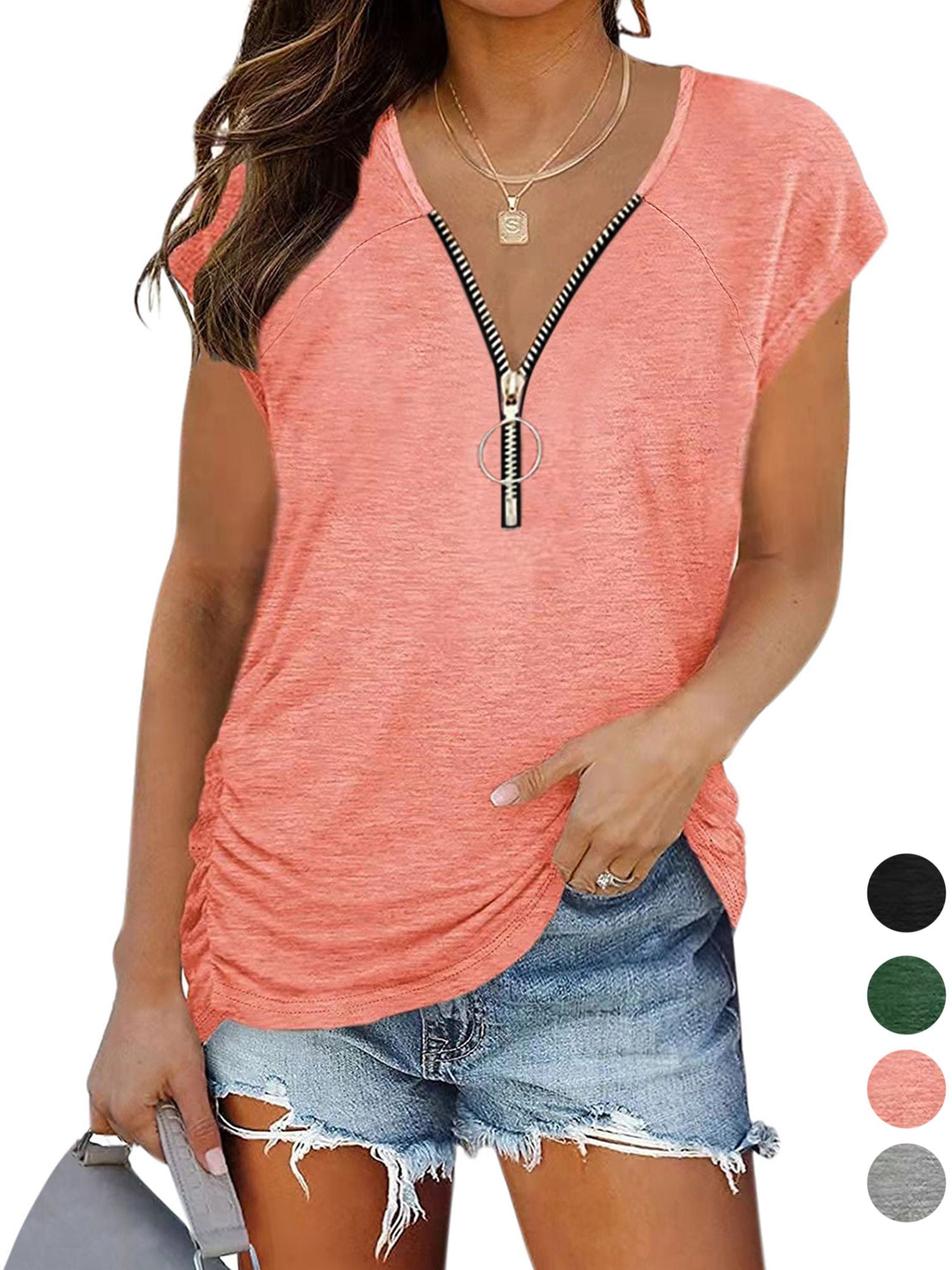 Gustave Womens Sexy Deep V Neck Tops Summer Short Sleeve Zipper Blouse Loose Casual Solid T