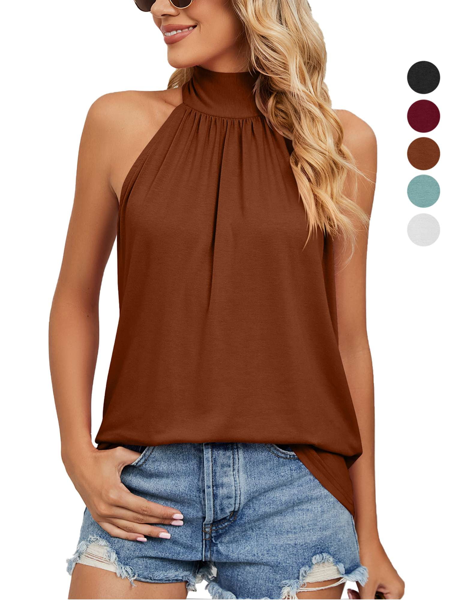 Gustave Womens Sleeveless Tie Halter Tops Summer High Neck Tank Tops ...