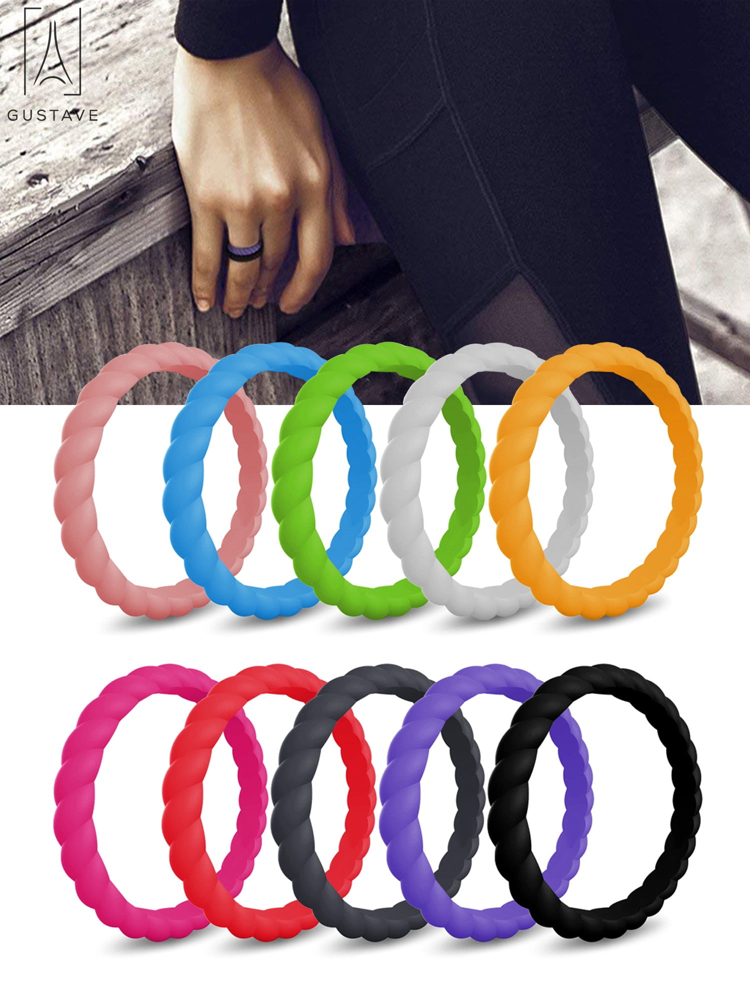 Gustavedesign Silicone Wedding Ring for Women 10 Pack Set Stackable ...