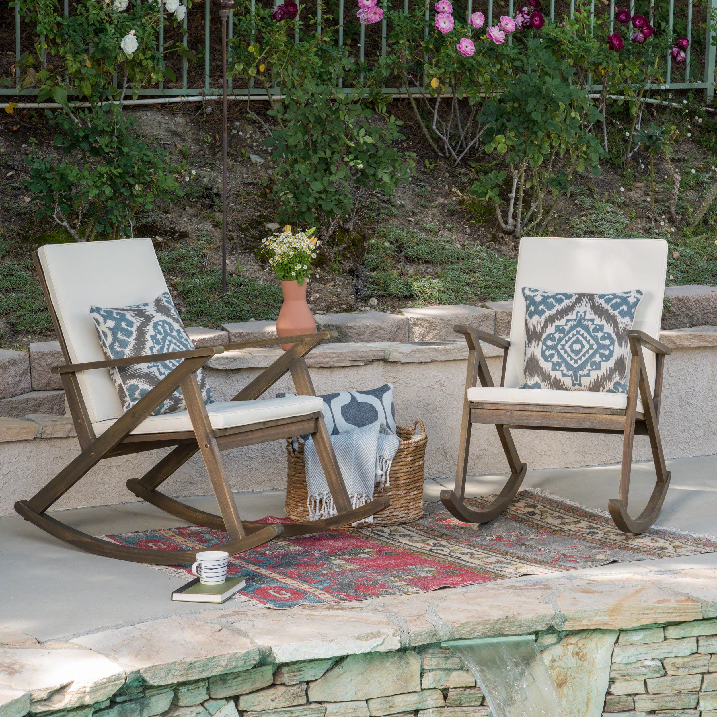 Gustavo Outdoor Acacia Wood Rocking Chair with Cushion, Grey, Cream ...