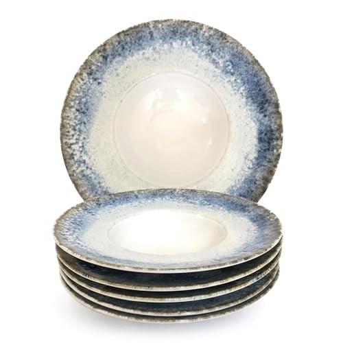 Gusto Buono 10.63" Wide Rim Pasta Bowl Set of 6, Light Blue Reactive ...