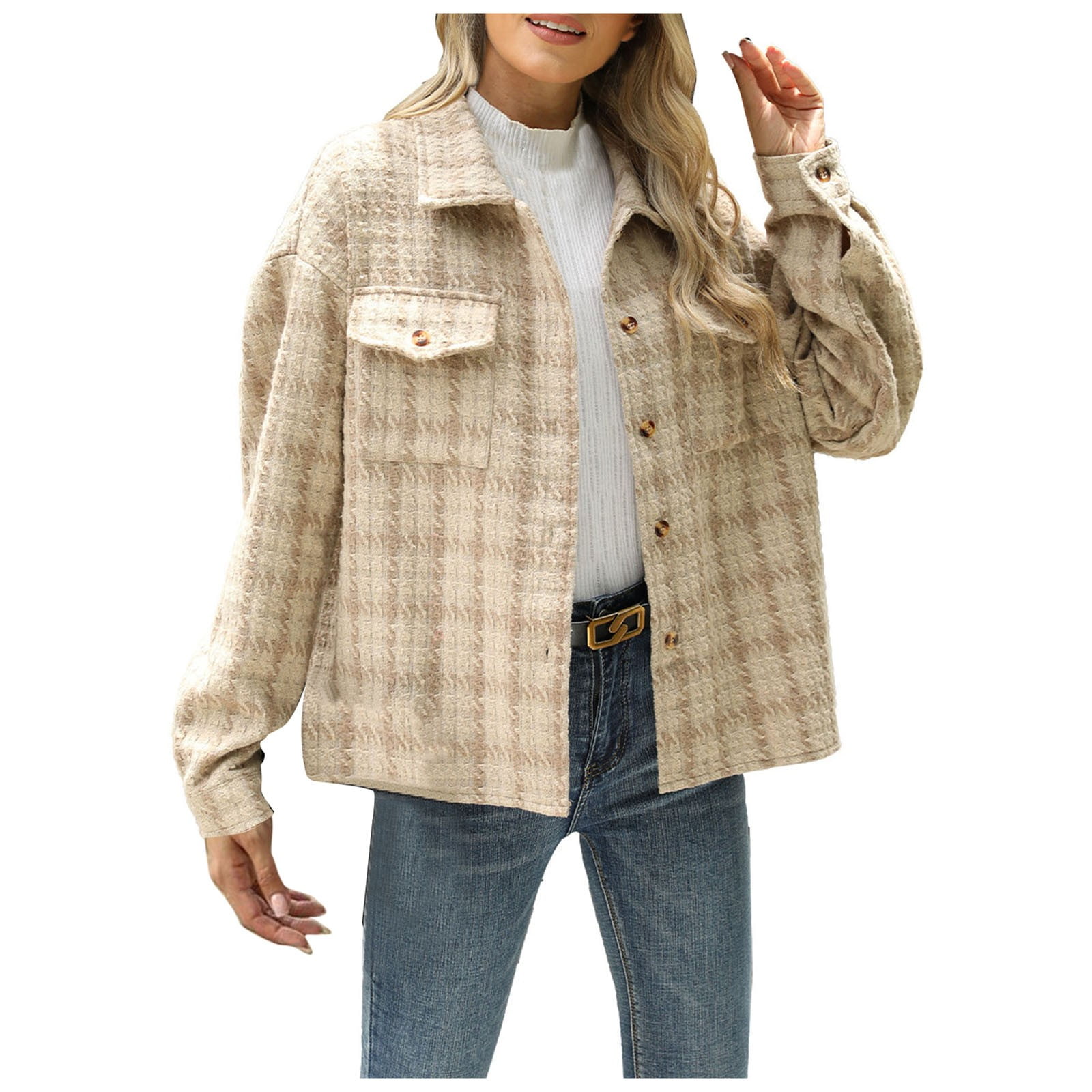 Guttear 2024 Winter Coats for Women Trendy Lapel Plaid Long Sleeve ...