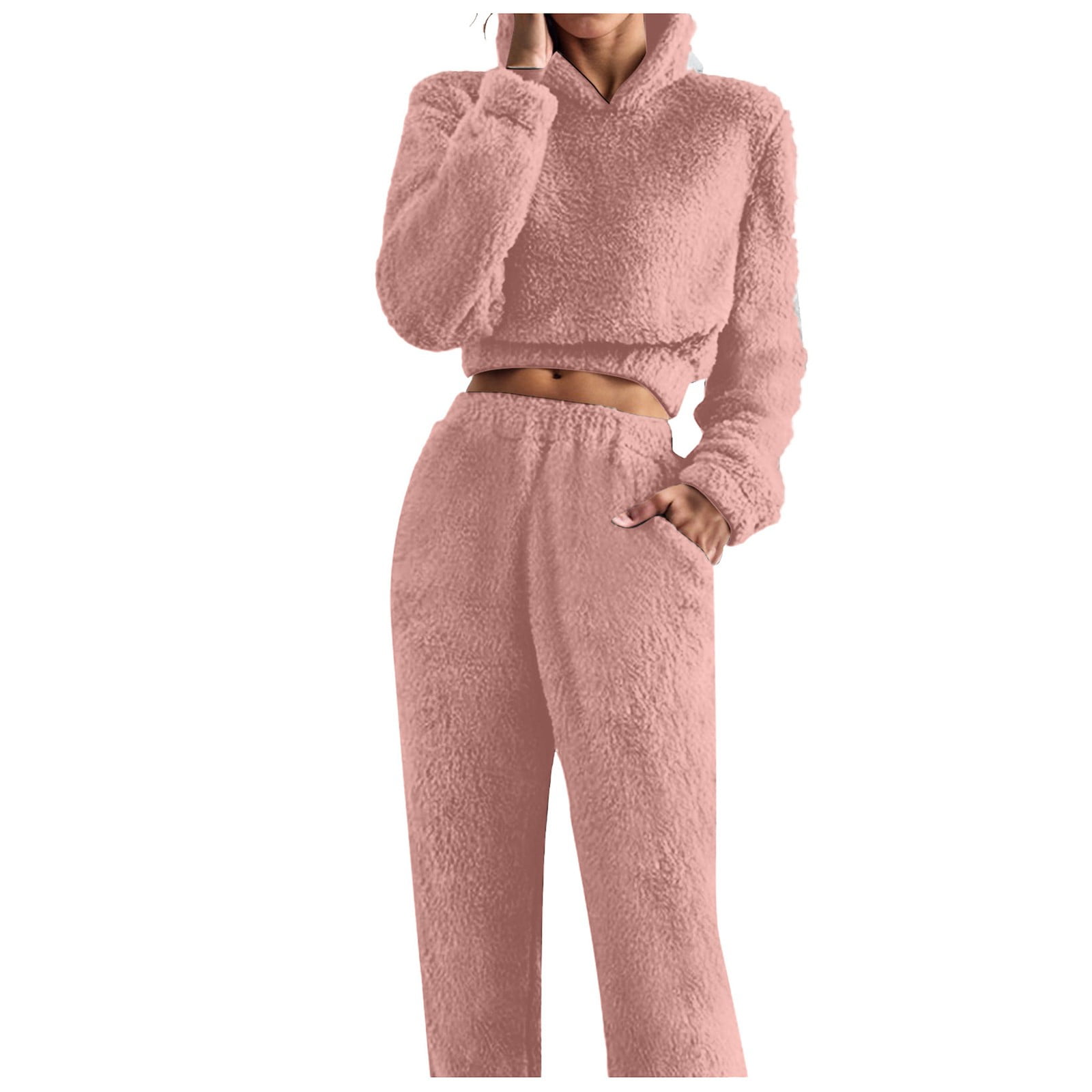 Guttear Winter Plush Hooded Fleece Lounge Set Long Sleeve Top Elastic ...