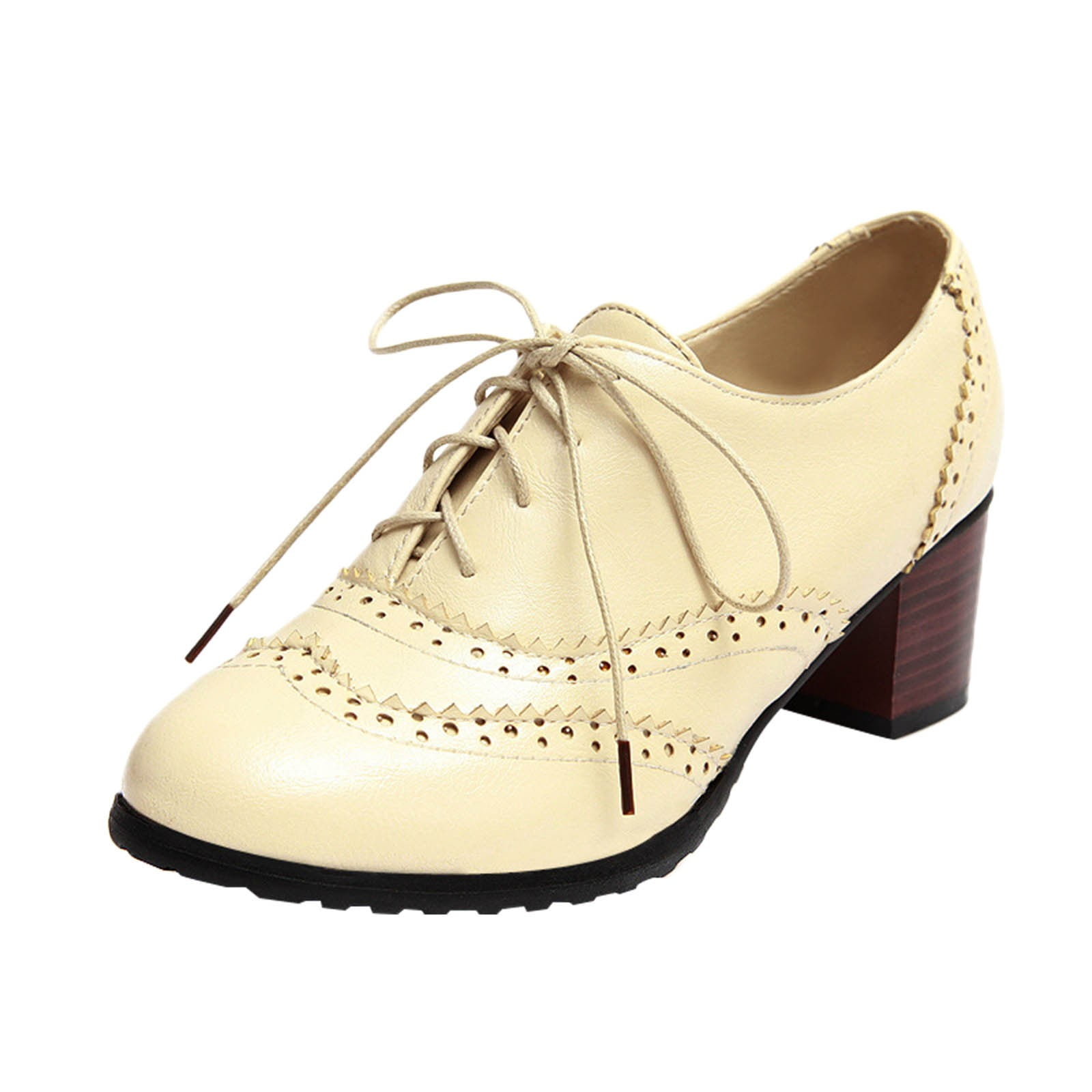 Guttear Women's Leather Vintage Oxfords Brogues Lace up Stacked Mid ...