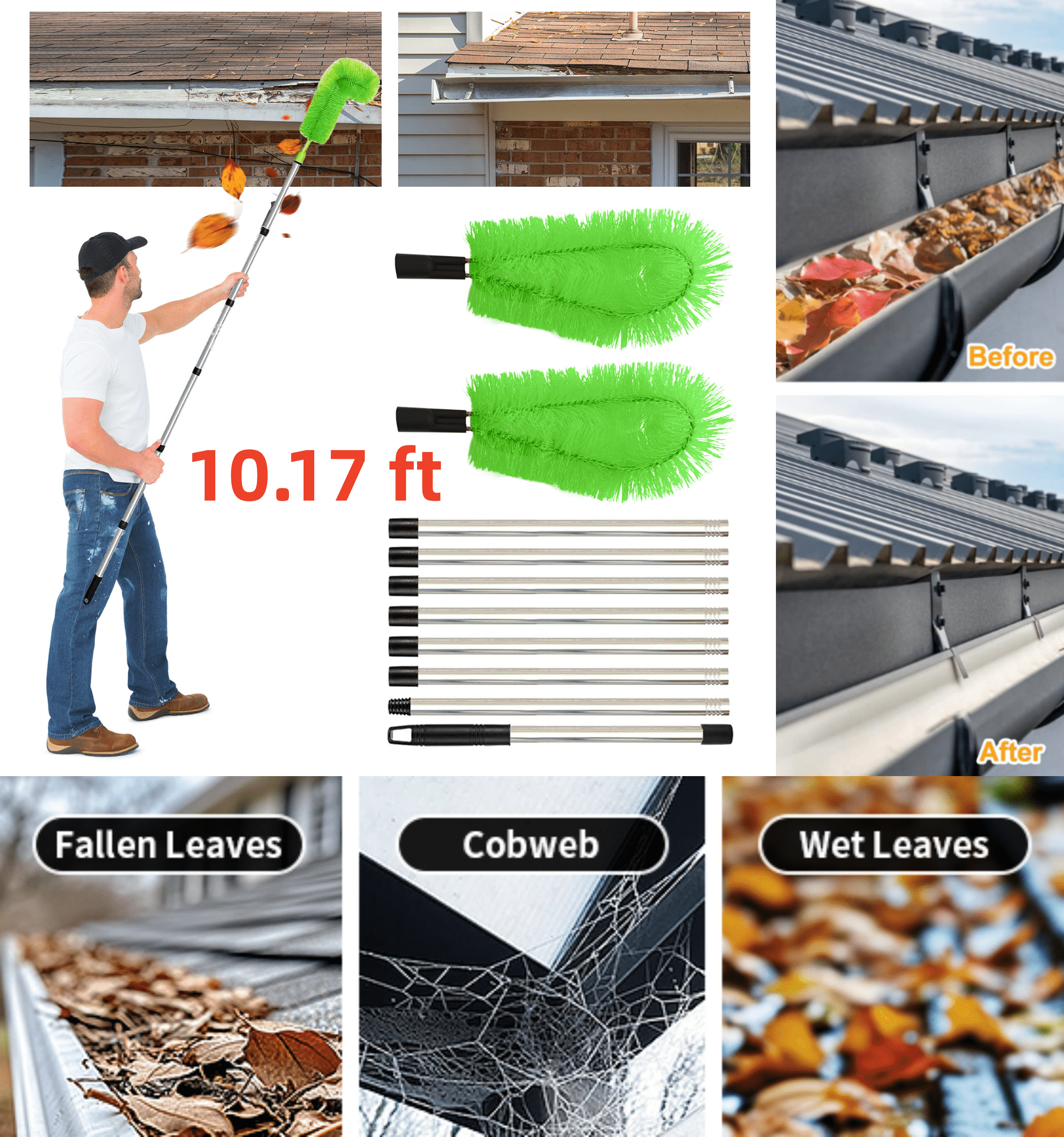 Gutter Cleaning Brush from the Ground 10.1FT Extendable Gutter Cleaner ...
