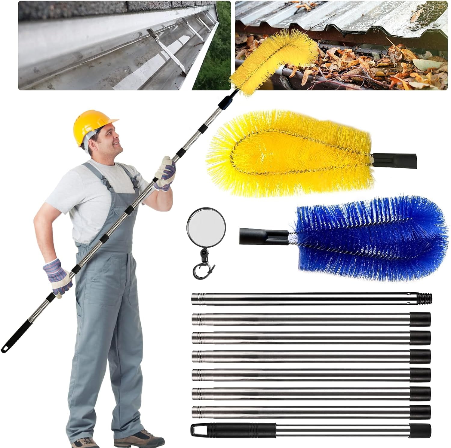 Gutter Cleaning Tools, 10ft Gutter Cleaner with 2 Gutter Cleaning Brush ...