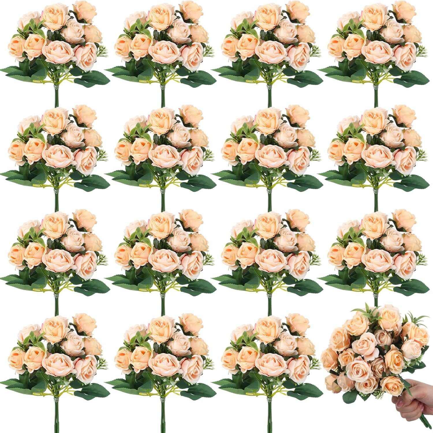 Guvpev 16 Bunches Artificial Mini Rose Bouquet (12 Inch) - Fake Silk ...