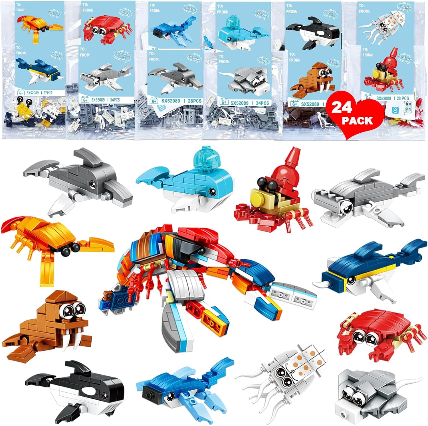 Guvpev 24 Packs Sea Animals Building Blocks Valentines Day Gifts for ...