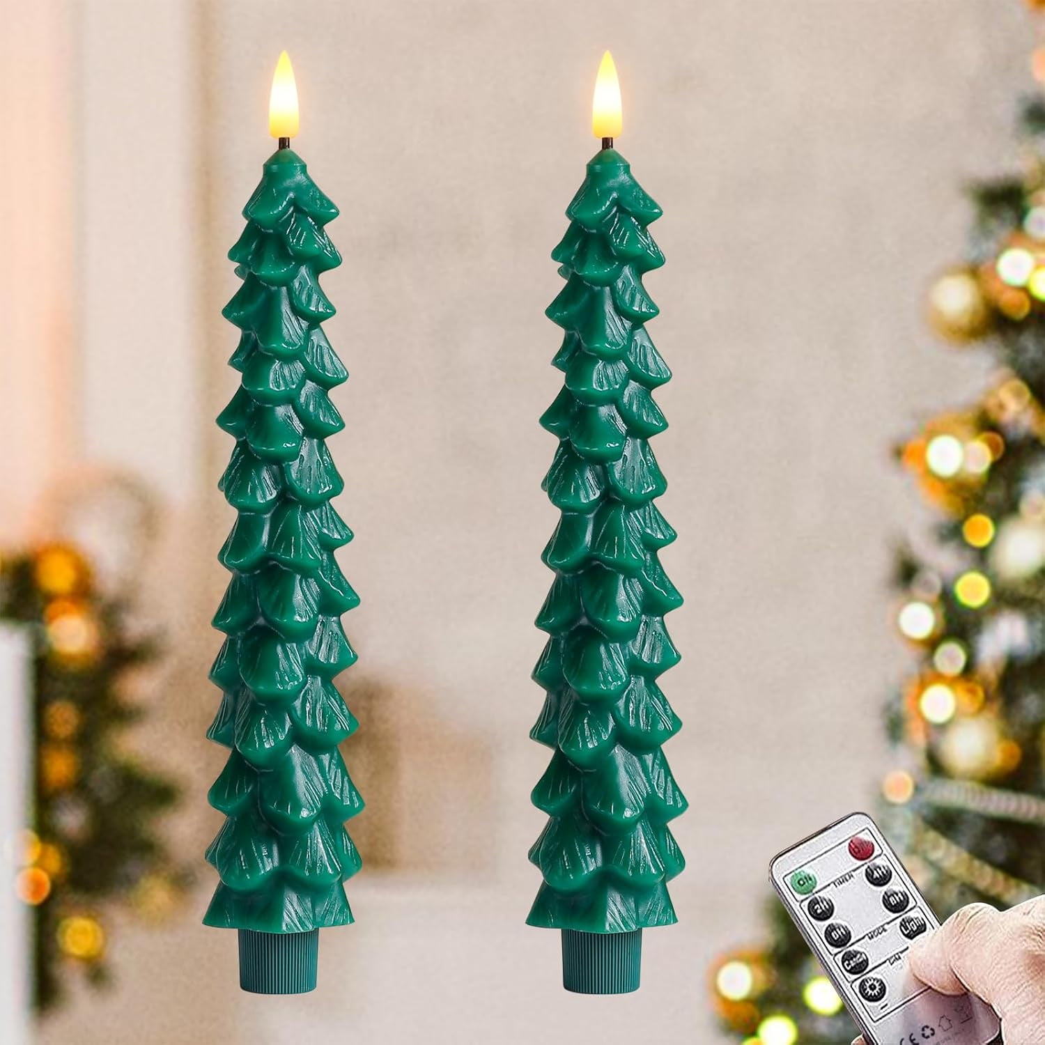 Guvpev 2Pcs Christmas Tree Candles with Remote, 9.6 Inch Real Waxy ...