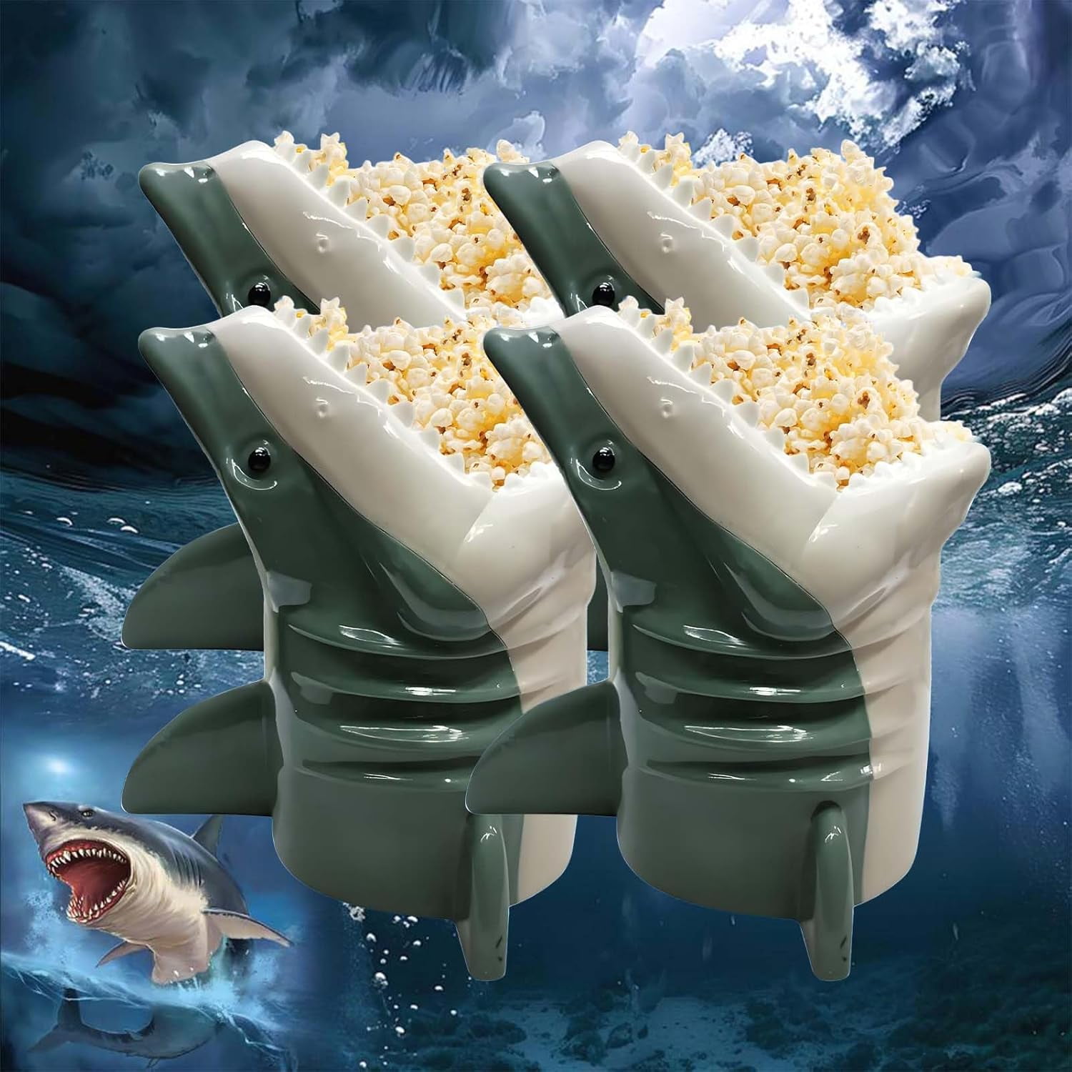 Guvpev 4Pcs Shark Popcorn Bucket, 50th Anniversary Great White Popcorn Bucket, Reusable 3D Shark ...