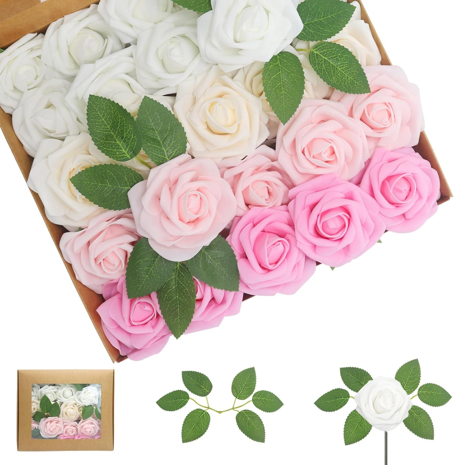 Guvpev Artificial Flowers Pink Roses Real Looking Foam Fake Roses with ...