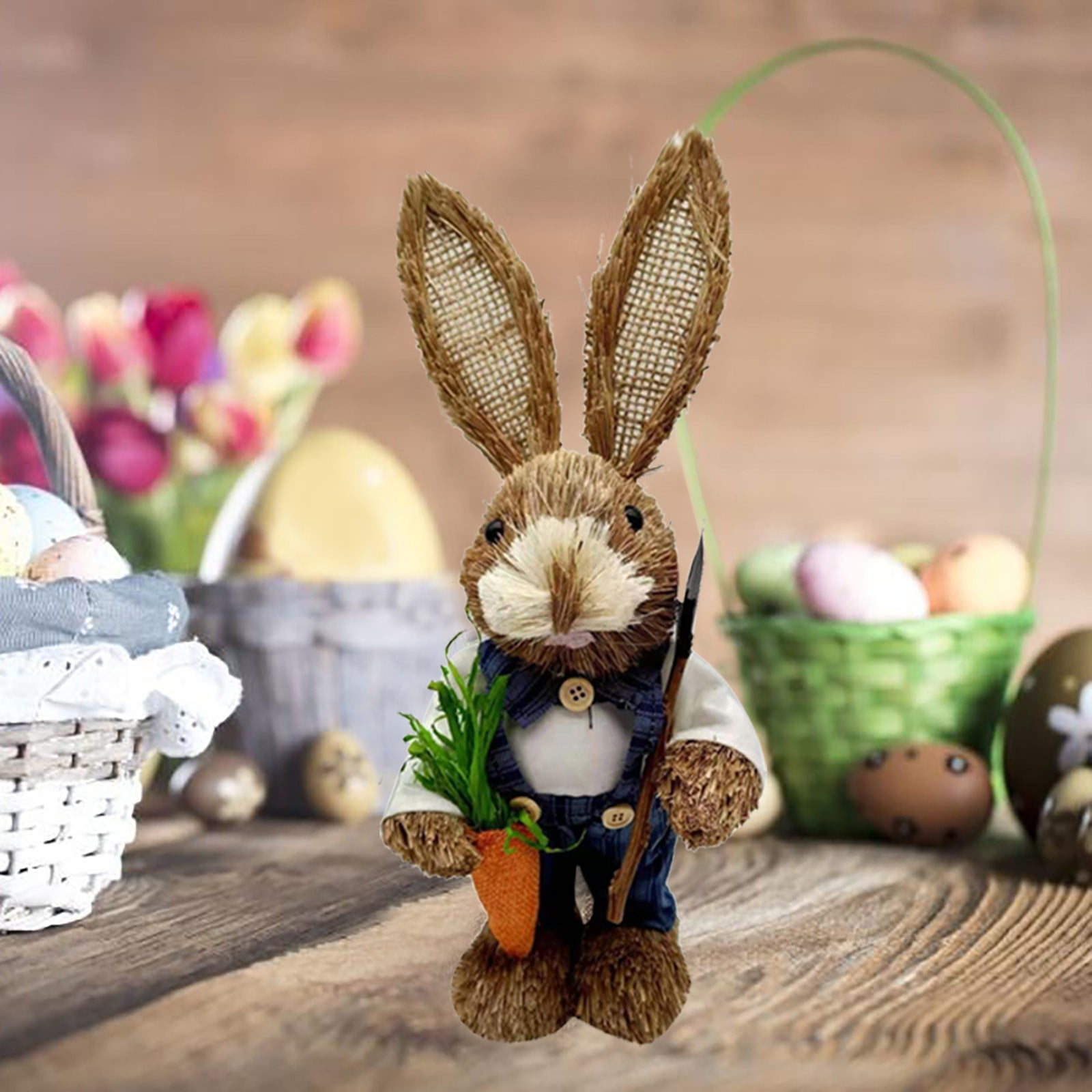 Guvpev Easter Decorations Bunny 12.5" Handmade Straw Bunny Figurines ...