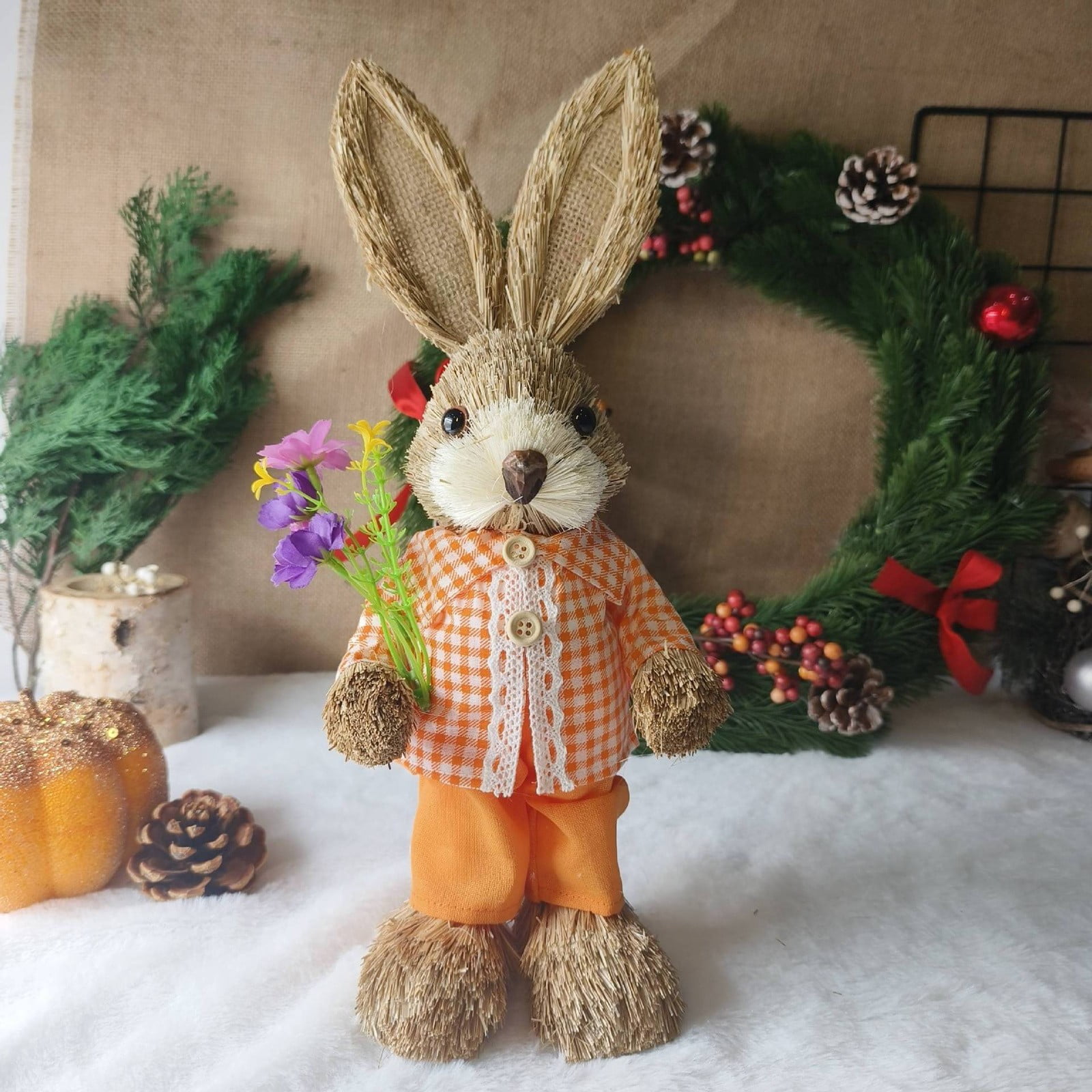 Guvpev Easter Decorations Bunny 13.8" Handmade Straw Bunny Figurines ...