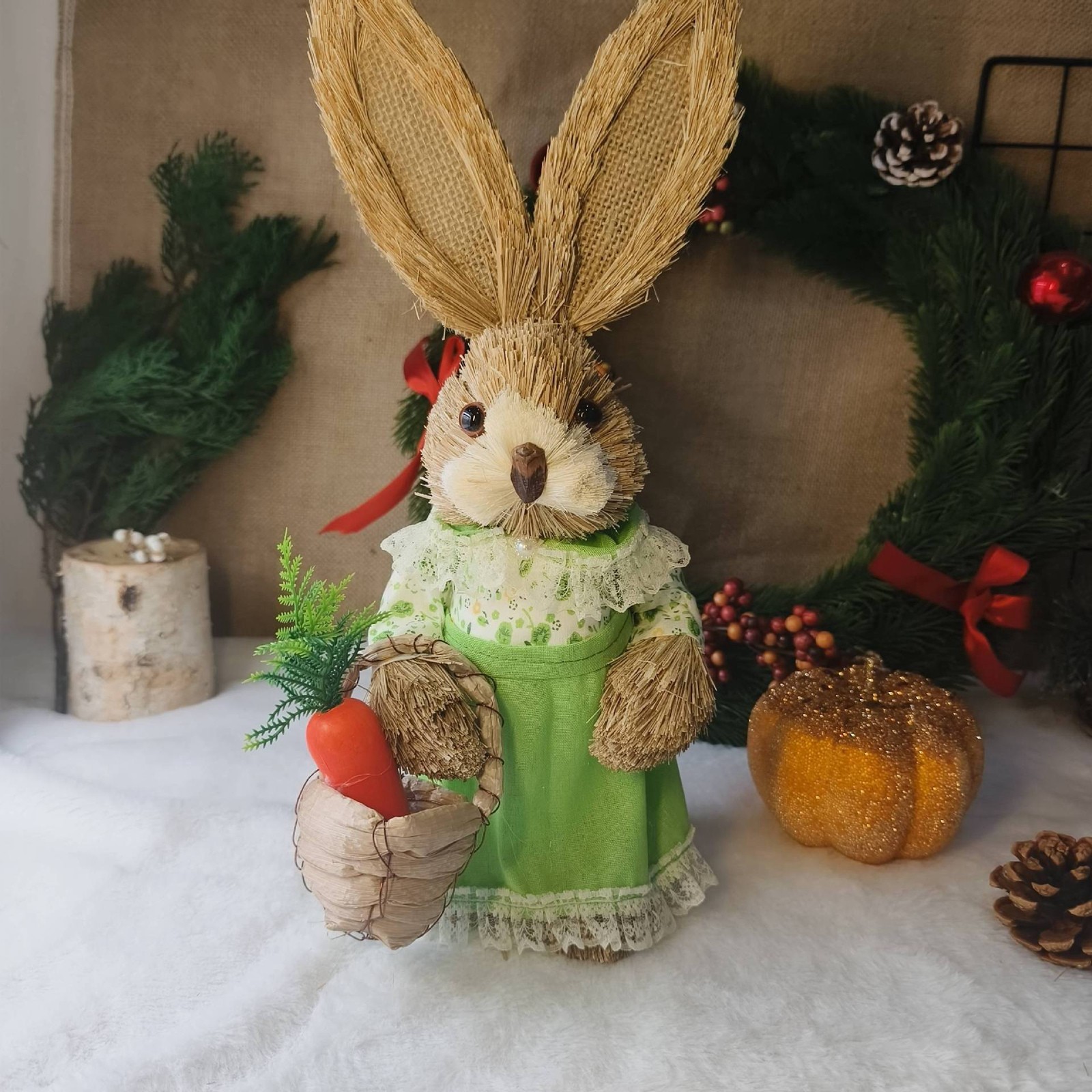 Guvpev Easter Decorations Bunny 13.8" Handmade Straw Bunny Figurines ...