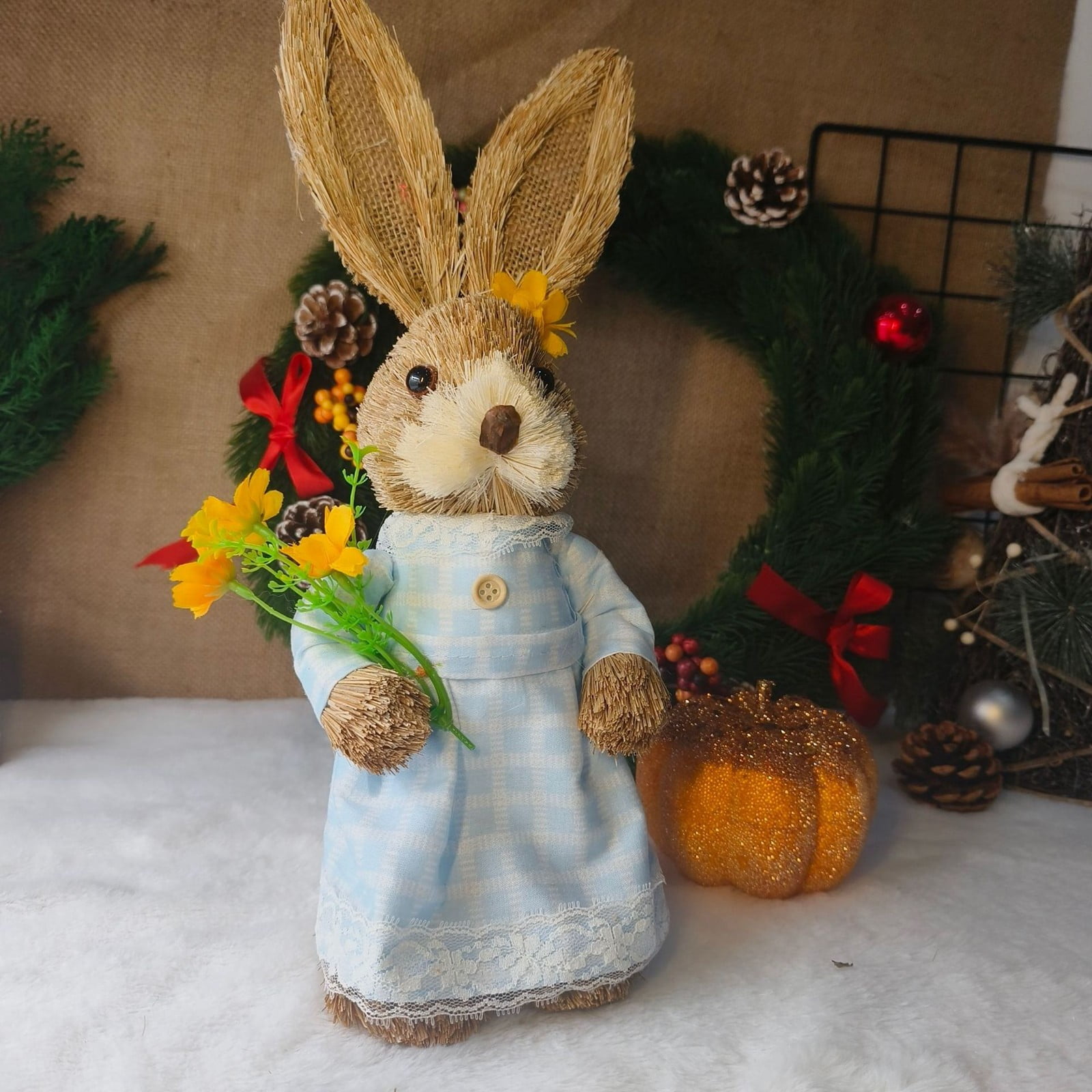Guvpev Easter Simulation Bunny, 13.8" Rustic Straw Bunny Figurines ...