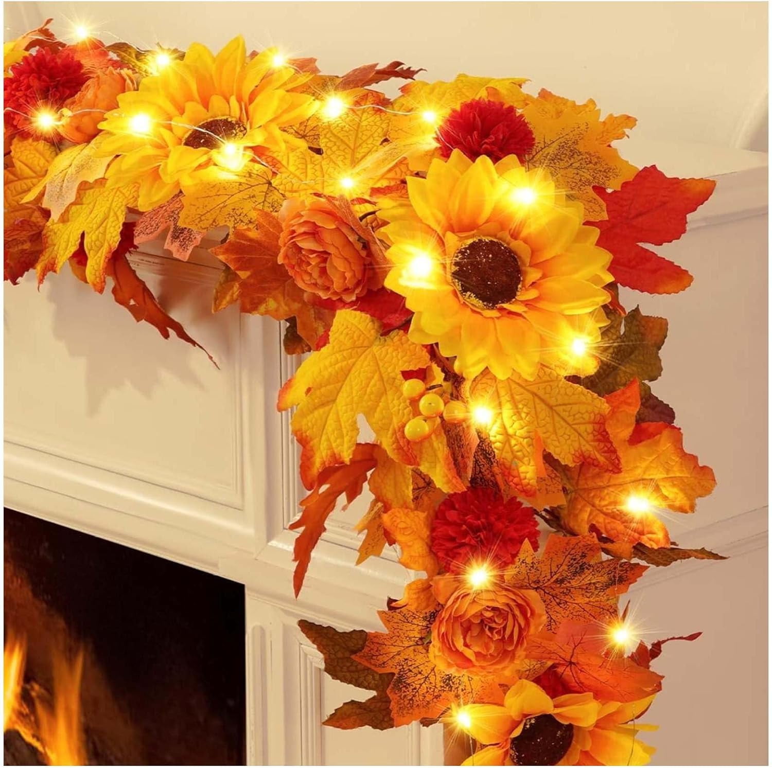 Guvpev Fall Decor - 9.8FT Fall Garland with Lights - Autumn Maple Leaf ...
