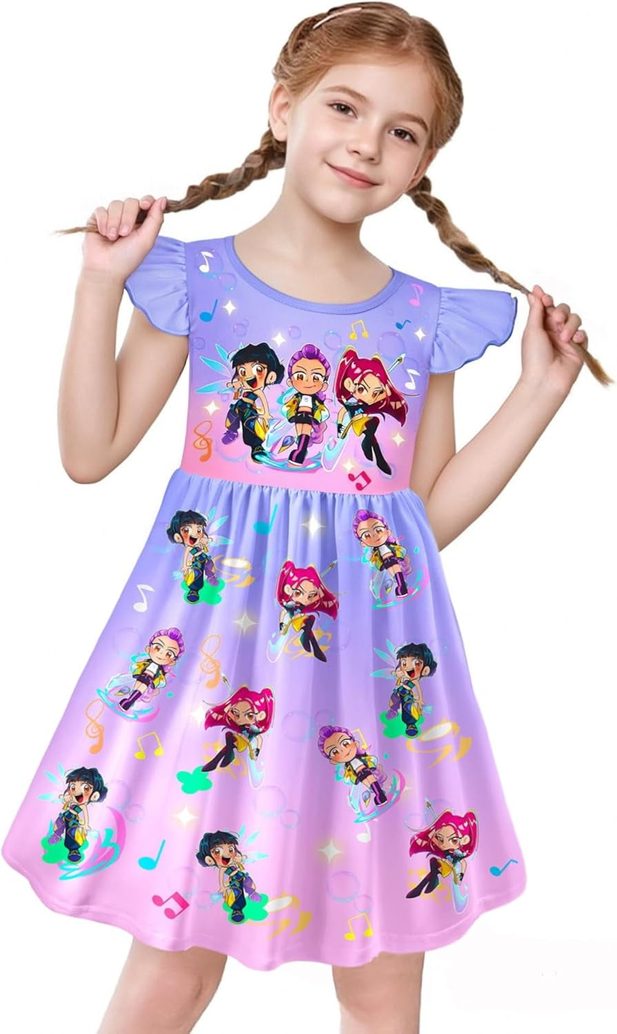 Guvpev KPop Demon Hunters Girls Princess Dress Huntrix Rumi/Zoey/Mira Flutter Sleeve Clothes Pop ...